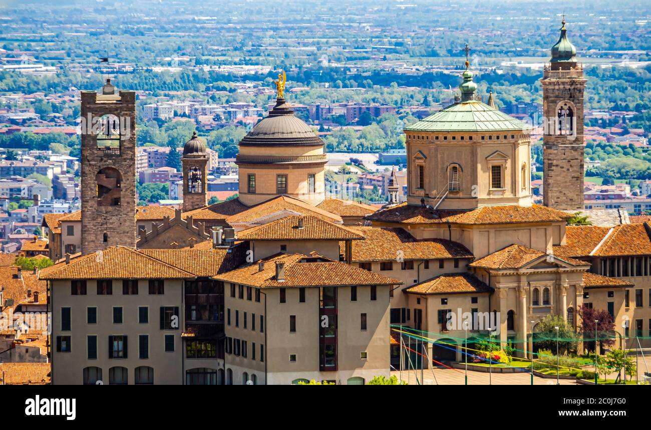 High angle view of the churches and main buildings of Bergamo Alta ...