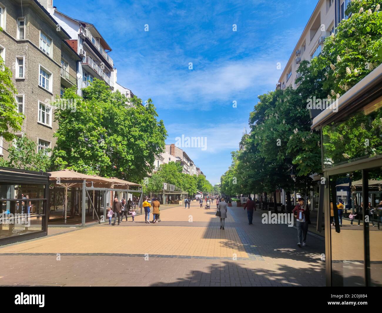 SOFIA, BULGARIA -MAY 5, 2020: Walking people on Boulevard Vitosha in city of Sofia, Bulgaria ...