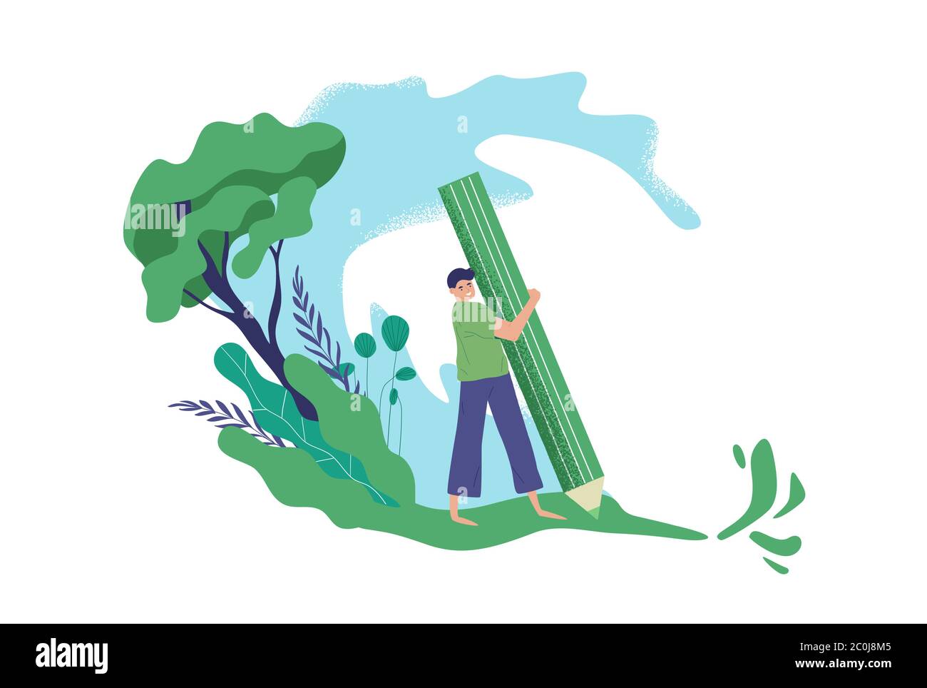 Happy young boy writing with pencil in green nature environment for ...