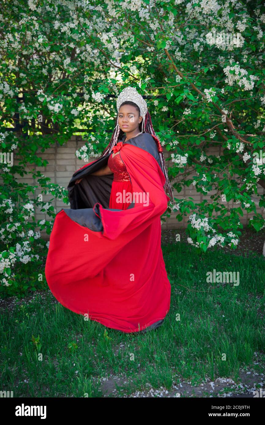 Queen in the crown and royal mantle. Lovely girl on the background of a ...