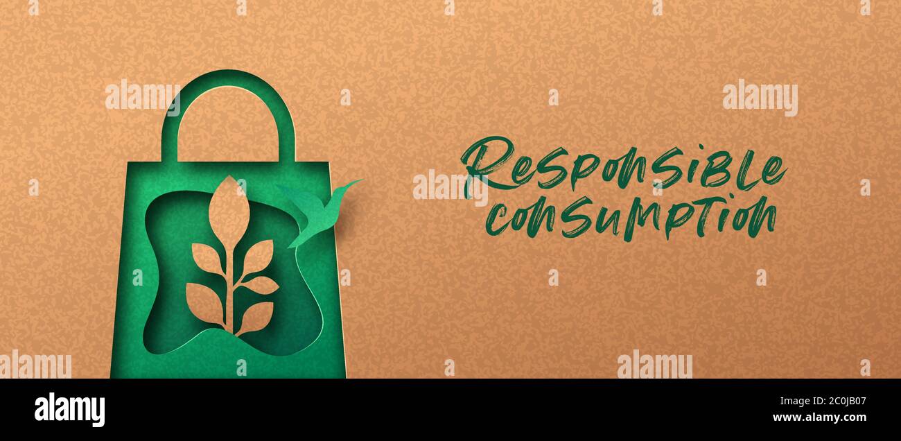Responsible consumption papercut banner with green shopping bag icon ...