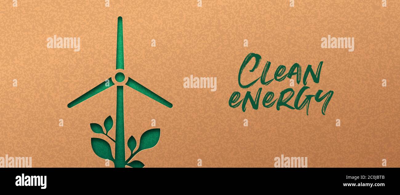 Renewable energy papercut banner with green wind mill turbine icon and ...