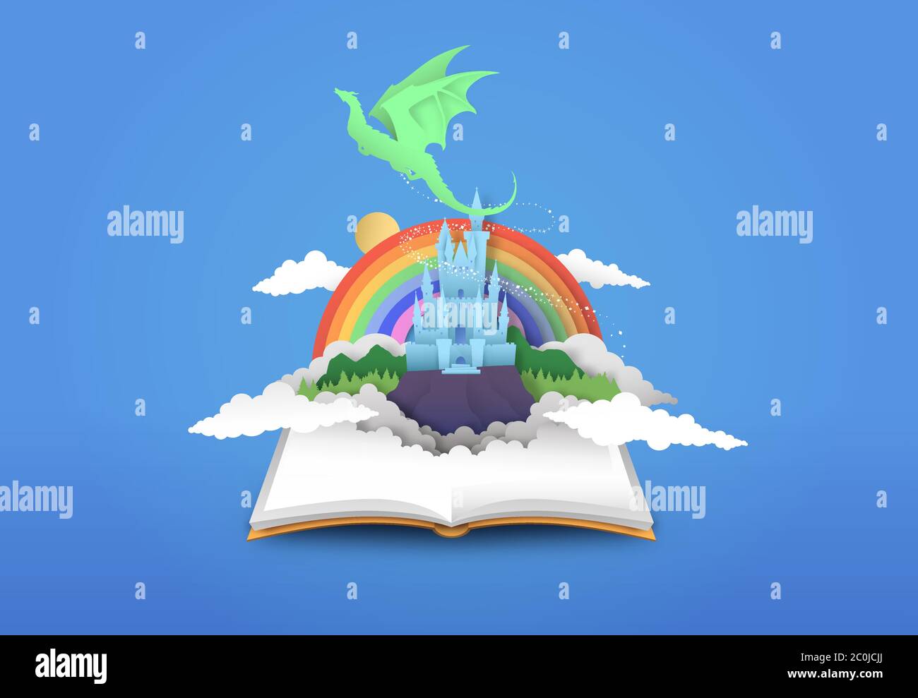 Open book of fantasy fairy tale magic kingdom in paper cut style with ...