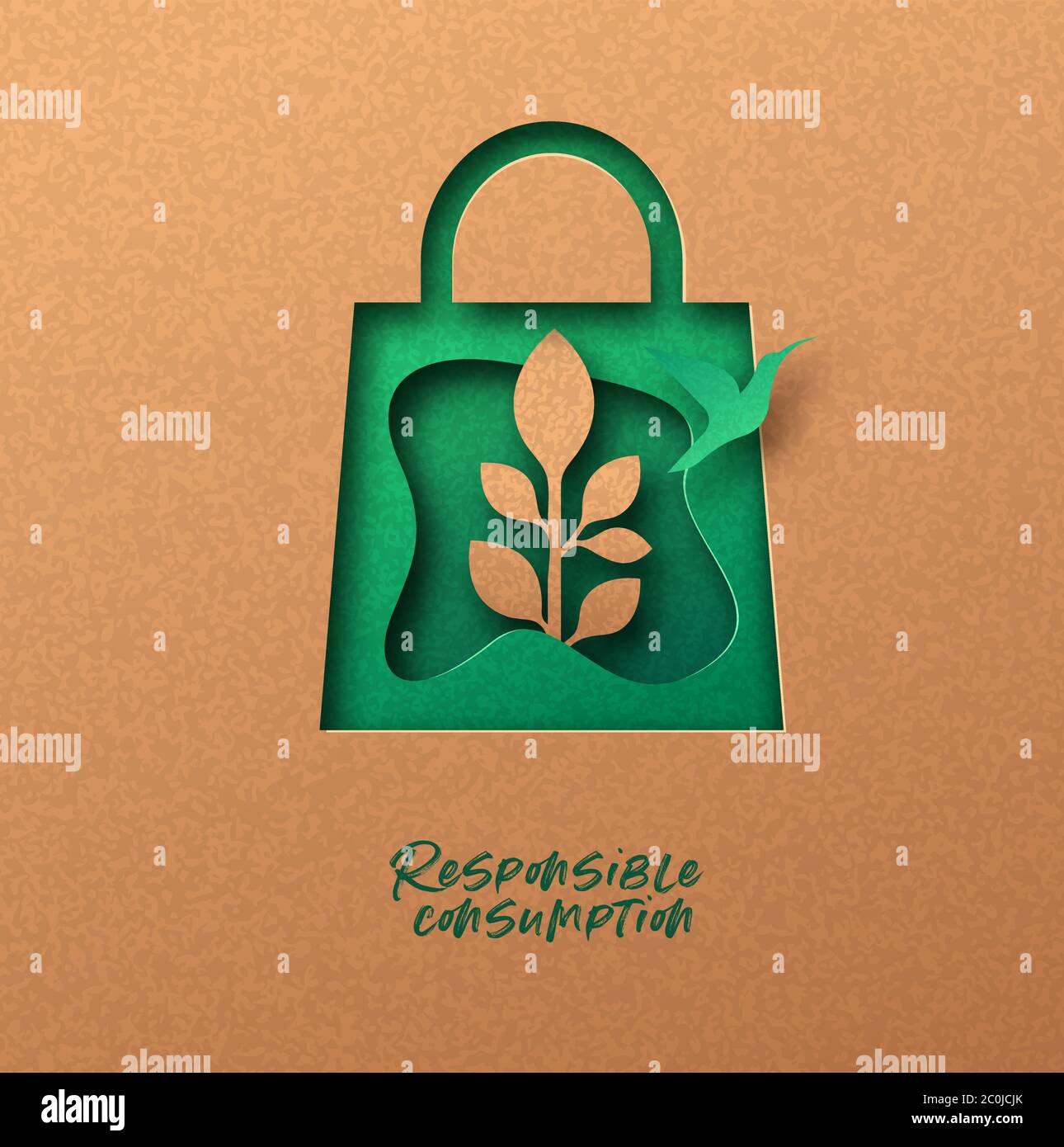 Responsible consumption papercut illustration with green shopping bag ...
