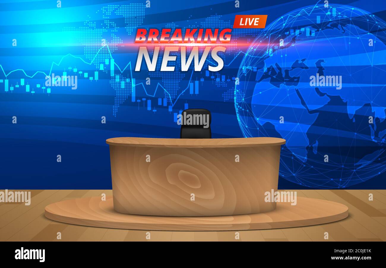 wooden table and breaking news on lcds background in the news studio ...