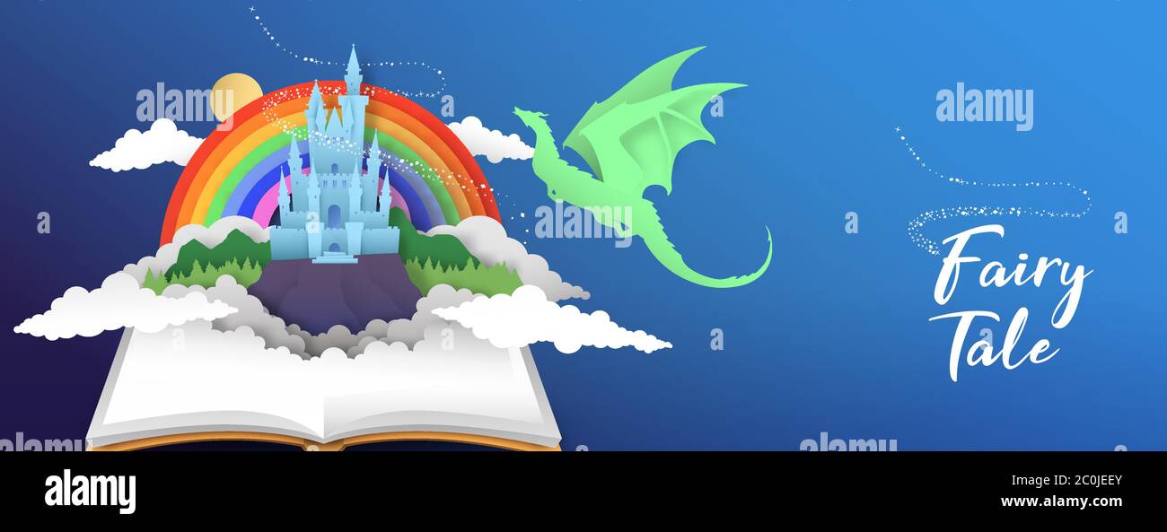 Open book of fantasy fairy tale magic kingdom in paper cut style with ...