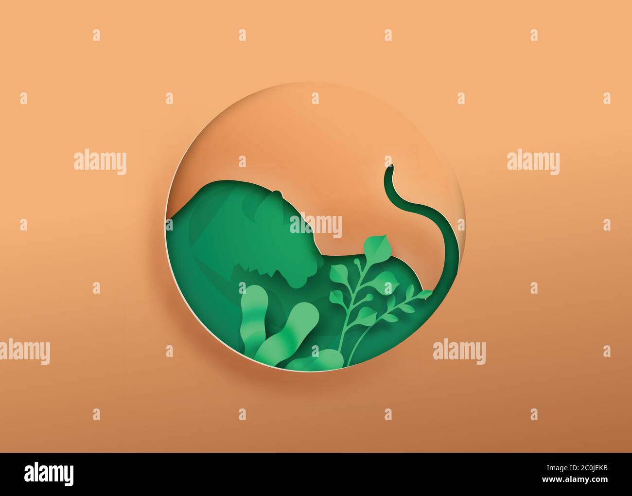 Tiger paper cut illustration with green plant leaf. Circle shape cutout ...