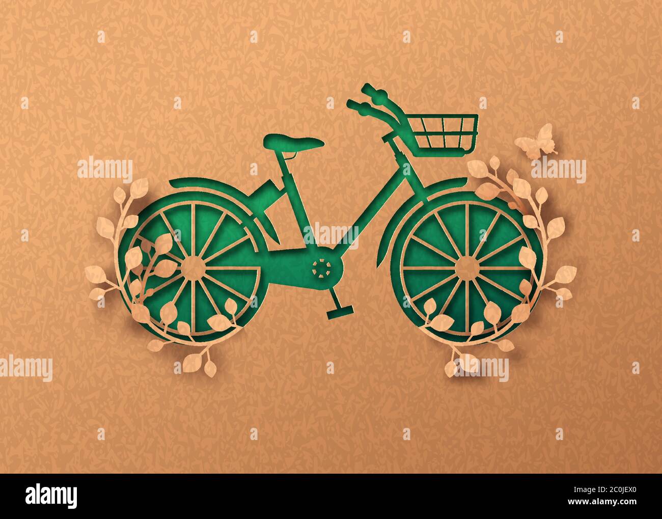 Bike transportation papercut illustration with butterfly and plant leaf ...