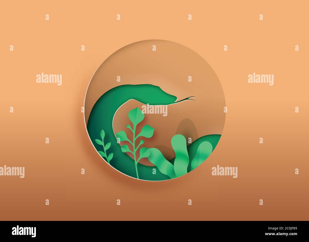 Snake paper cut illustration with green plant leaf, circle shape cutout ...