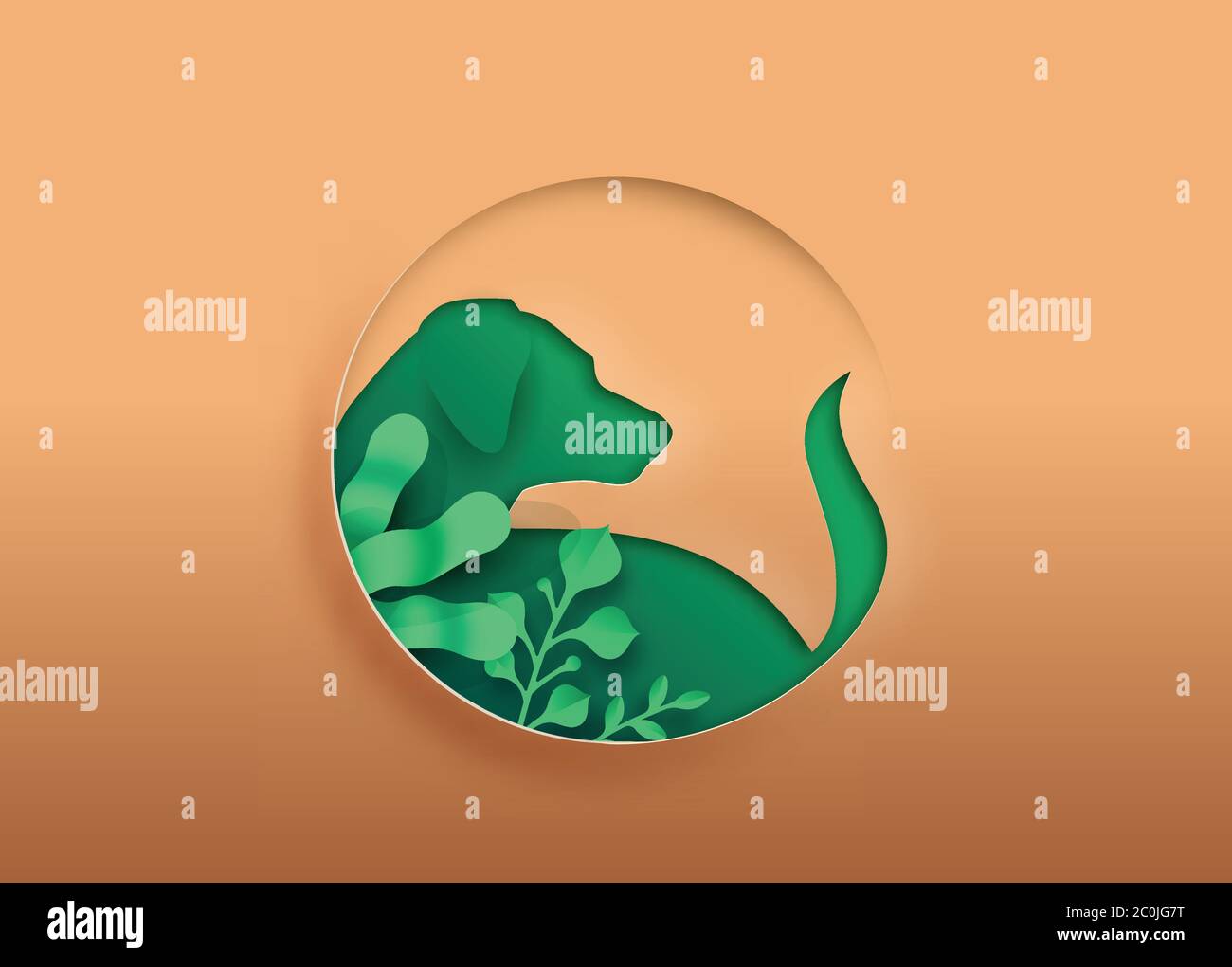Dog paper cut illustration with green plant leaf, circle shape cutout ...