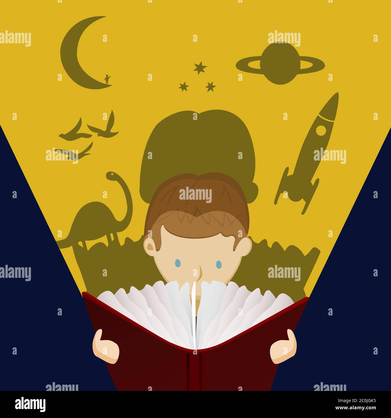 Little boy reading book for education or imagination concept. Child in ...