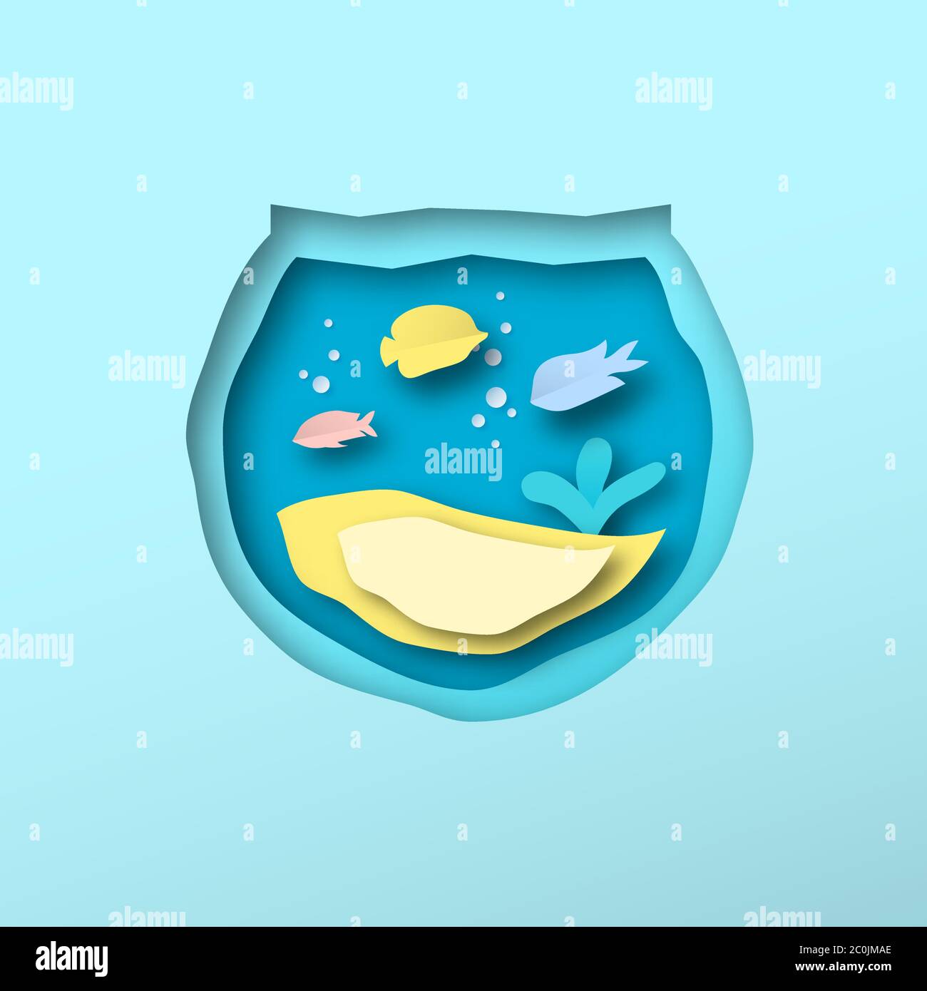 Paper cut fishbowl with colorful tropical fish pets in modern 3d ...