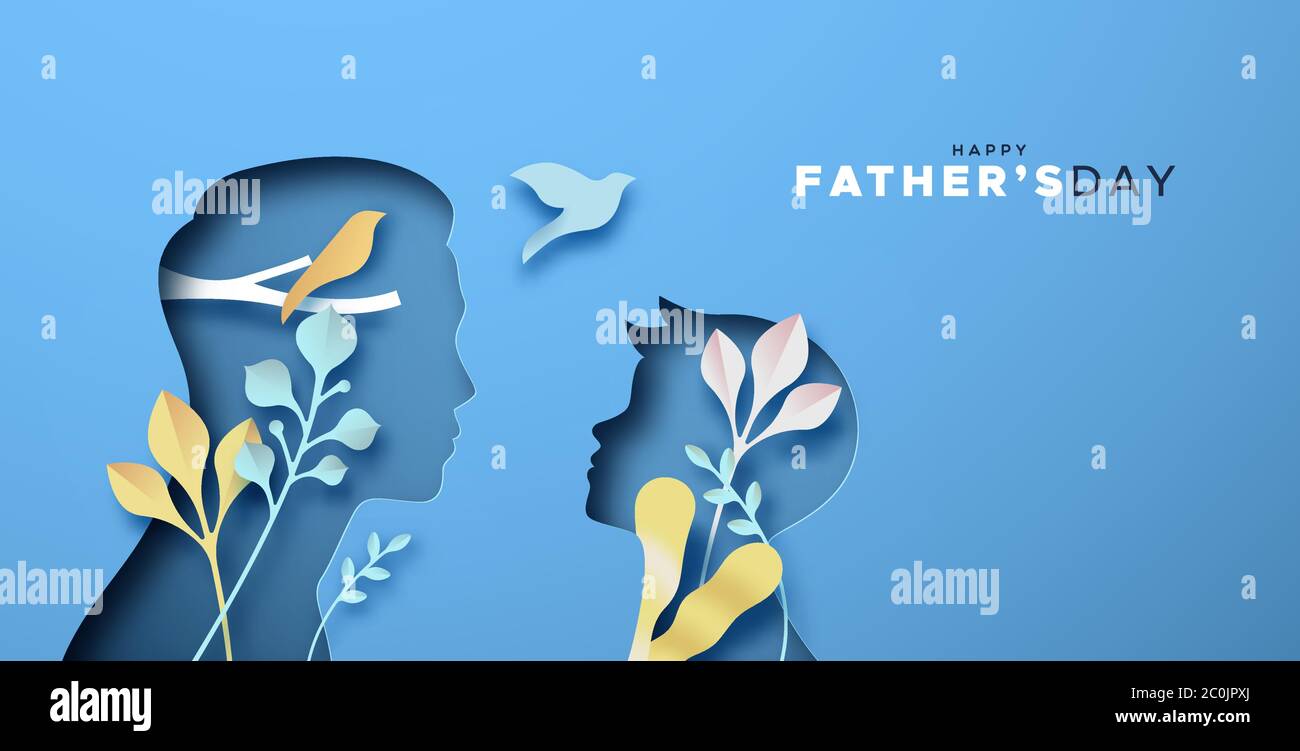 Happy Father's Day papercut greeting card illustration of father, boy ...