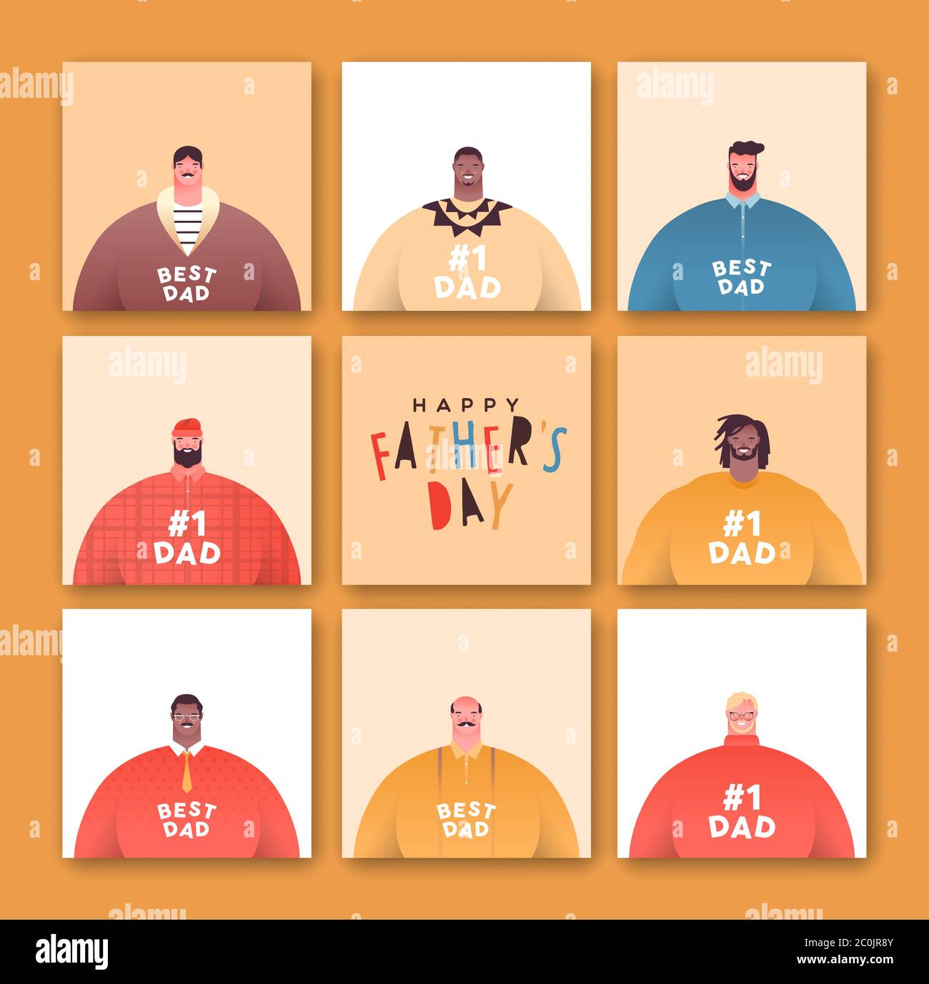 Happy Fathers Day greeting card illustration set of diverse men people ...