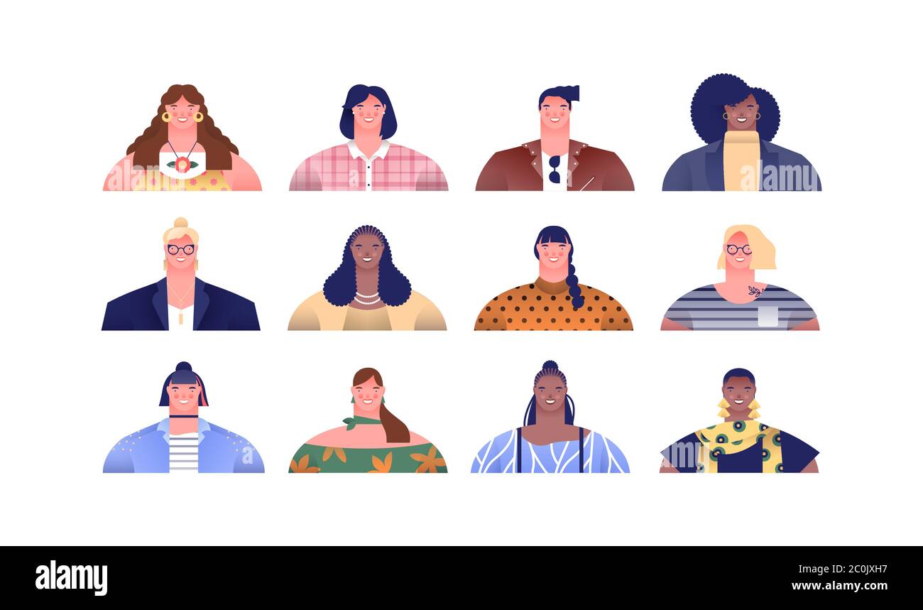 Diverse women group set on isolated white background. Modern cartoon ...