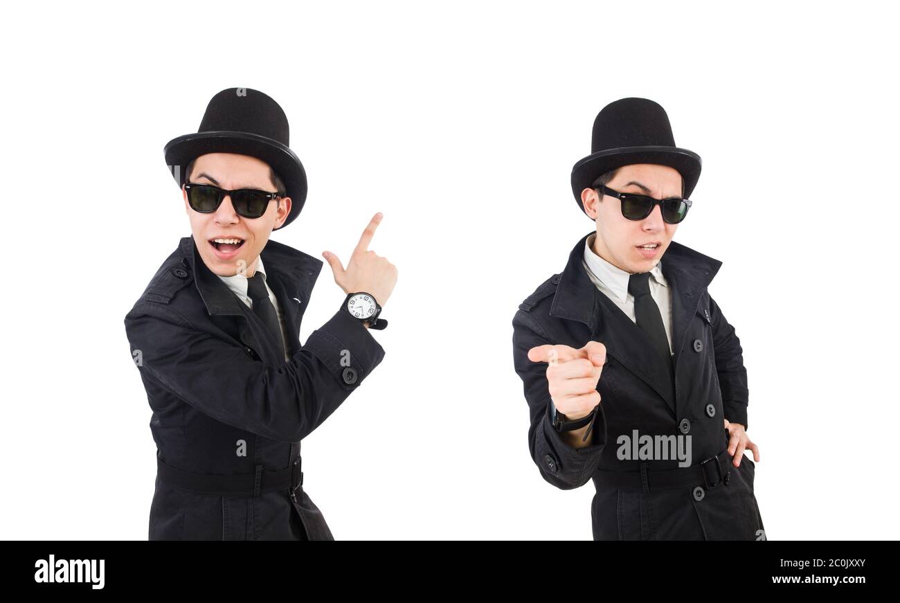 The young detective in black coat isolated on white Stock Photo - Alamy