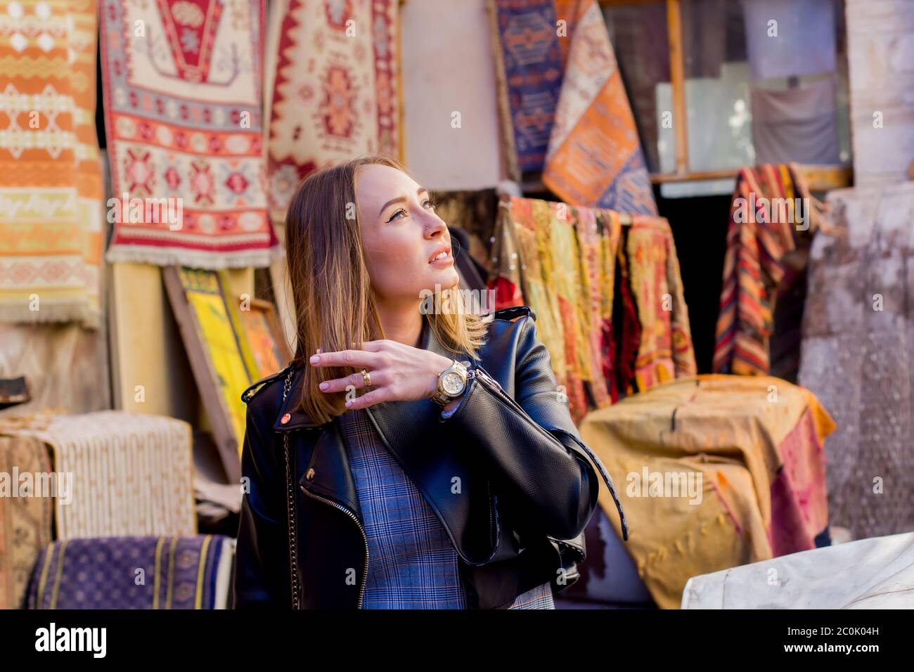 Portrait of an international family, walk through the old town Stock ...