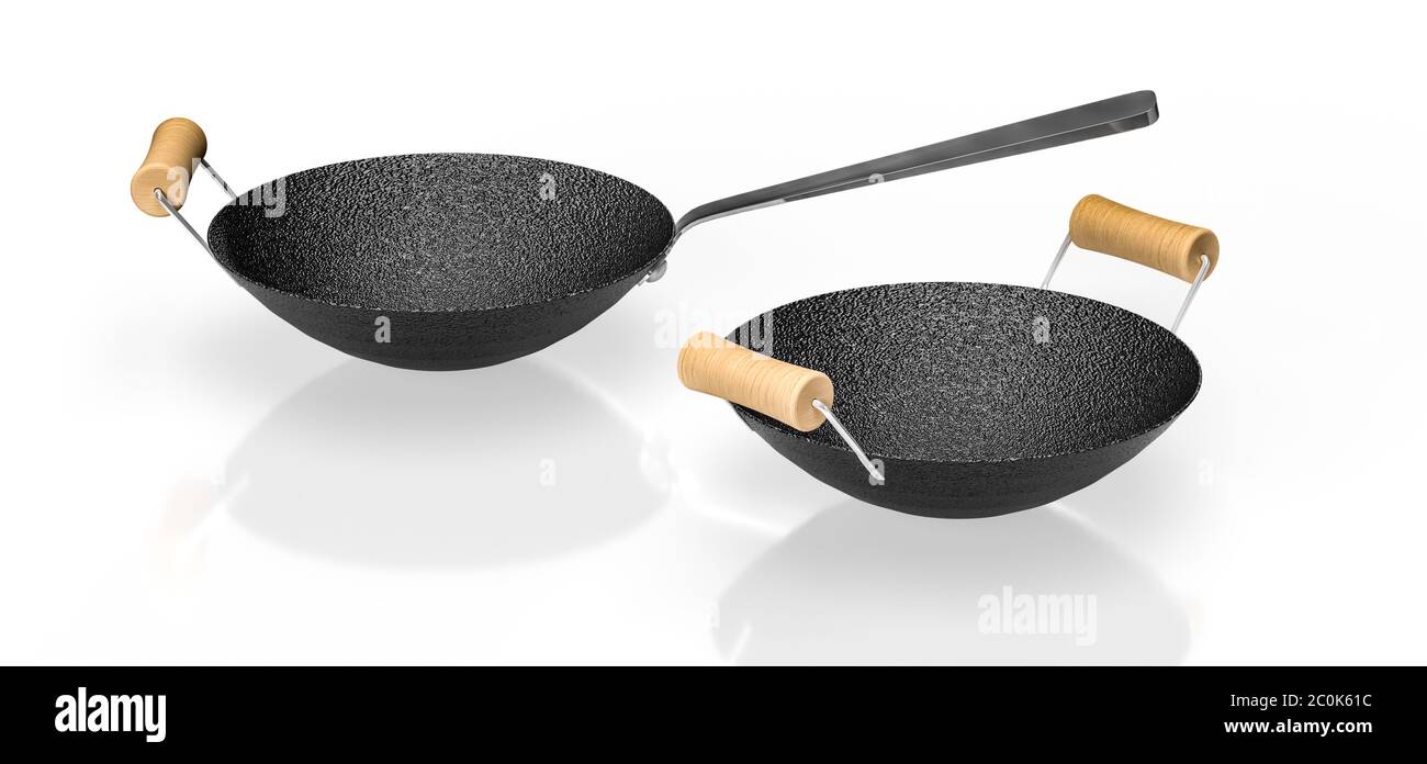 Frying pan for Chinese dishes - A set of two wokes with wooden handles ...