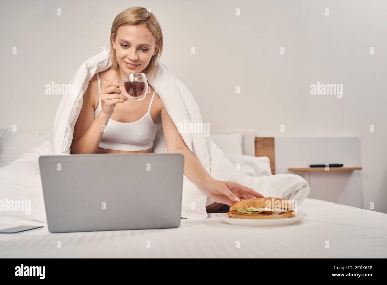 Pleased lady watching her favorite series online Stock Photo - Alamy