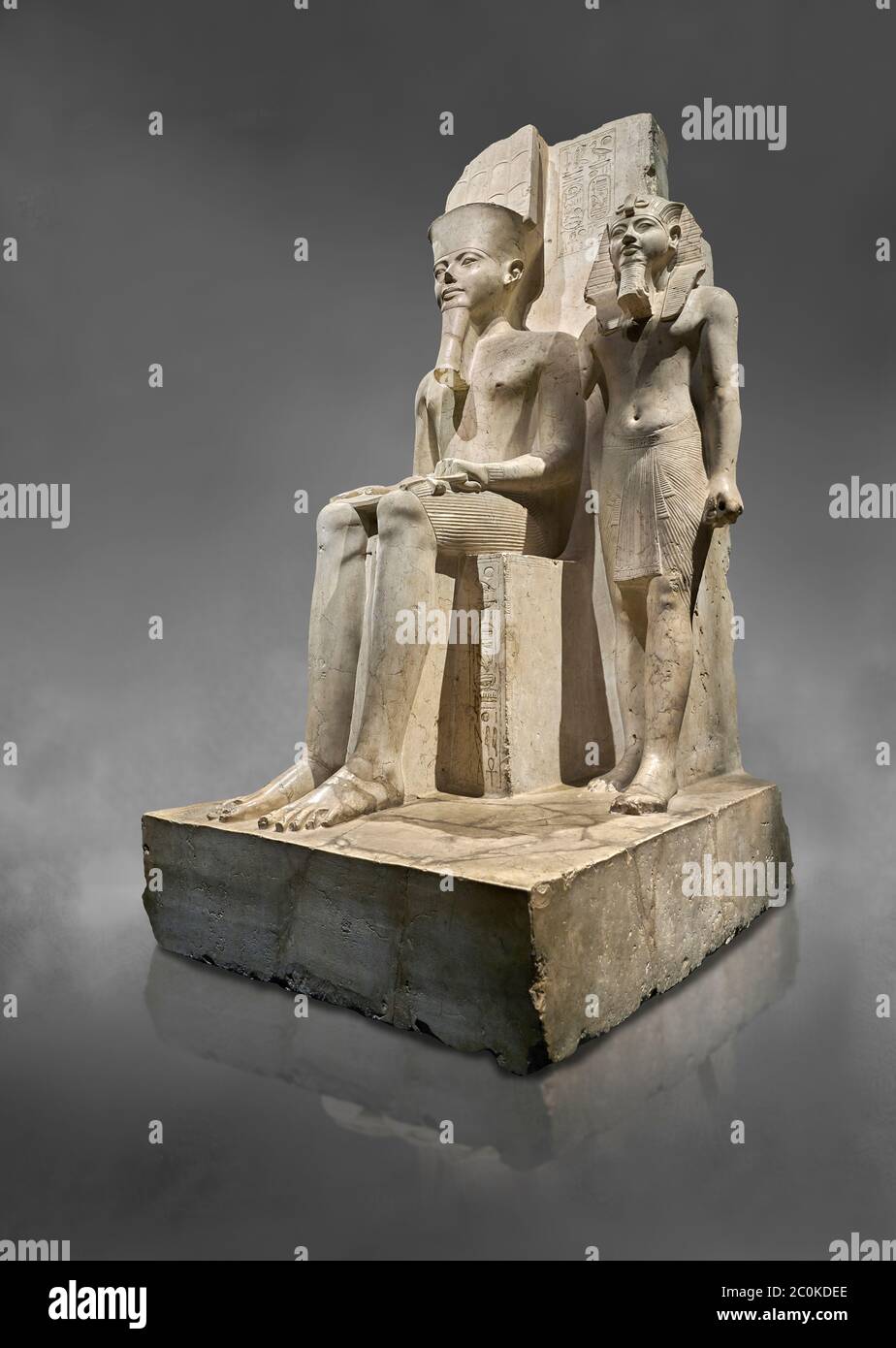 Ancient Egyptian statue of pharaoh Horemheb with god Amun, limestone ...