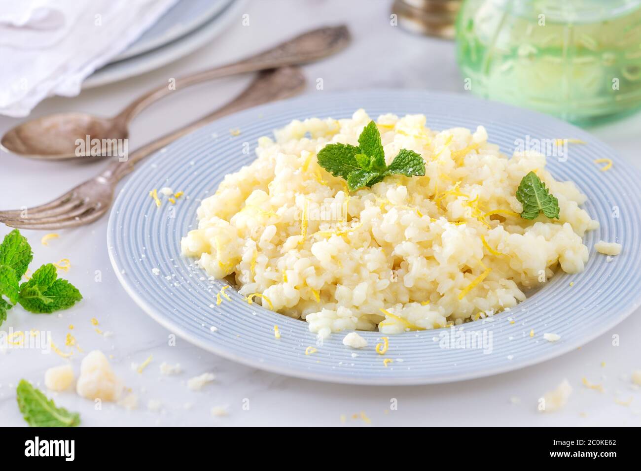 Delicious homemade Italian lemon risotto decorated with fresh mint and ...
