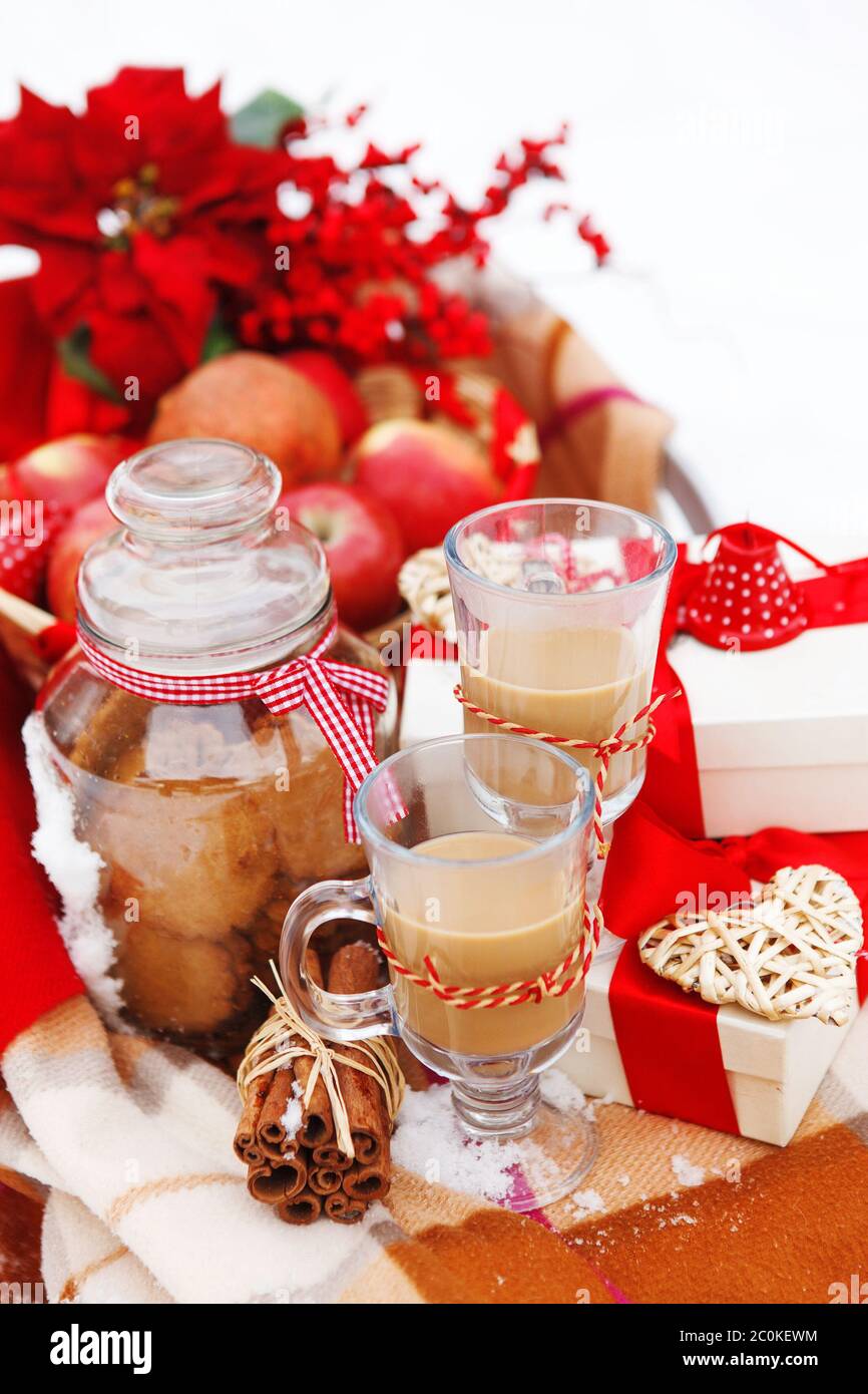 Christmas still life with a Christmas decorations and hot chocolate ...