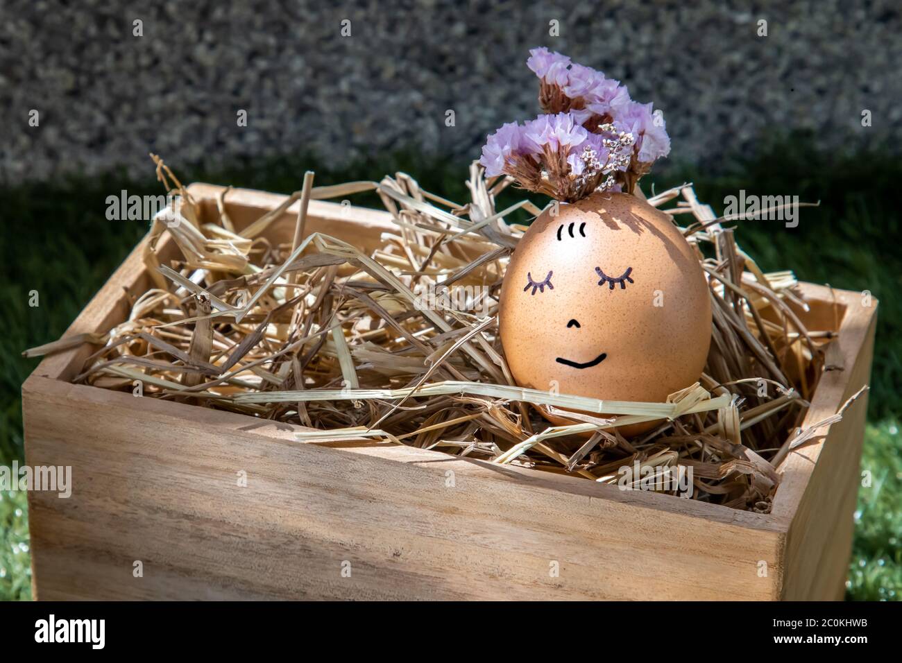 The happy egg is lying on dry straw. Happy and relaxing concept Stock ...