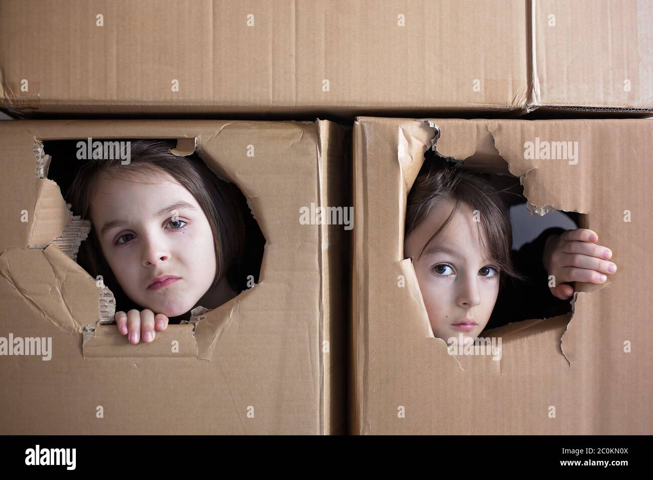 Sweet toddler child, cute blond boy, hiding in cardboard box, looking ...