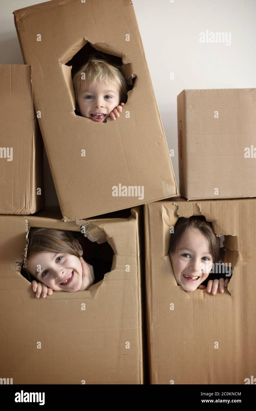 Sweet children, boy brothers, hiding in cardboard box, looking out ...