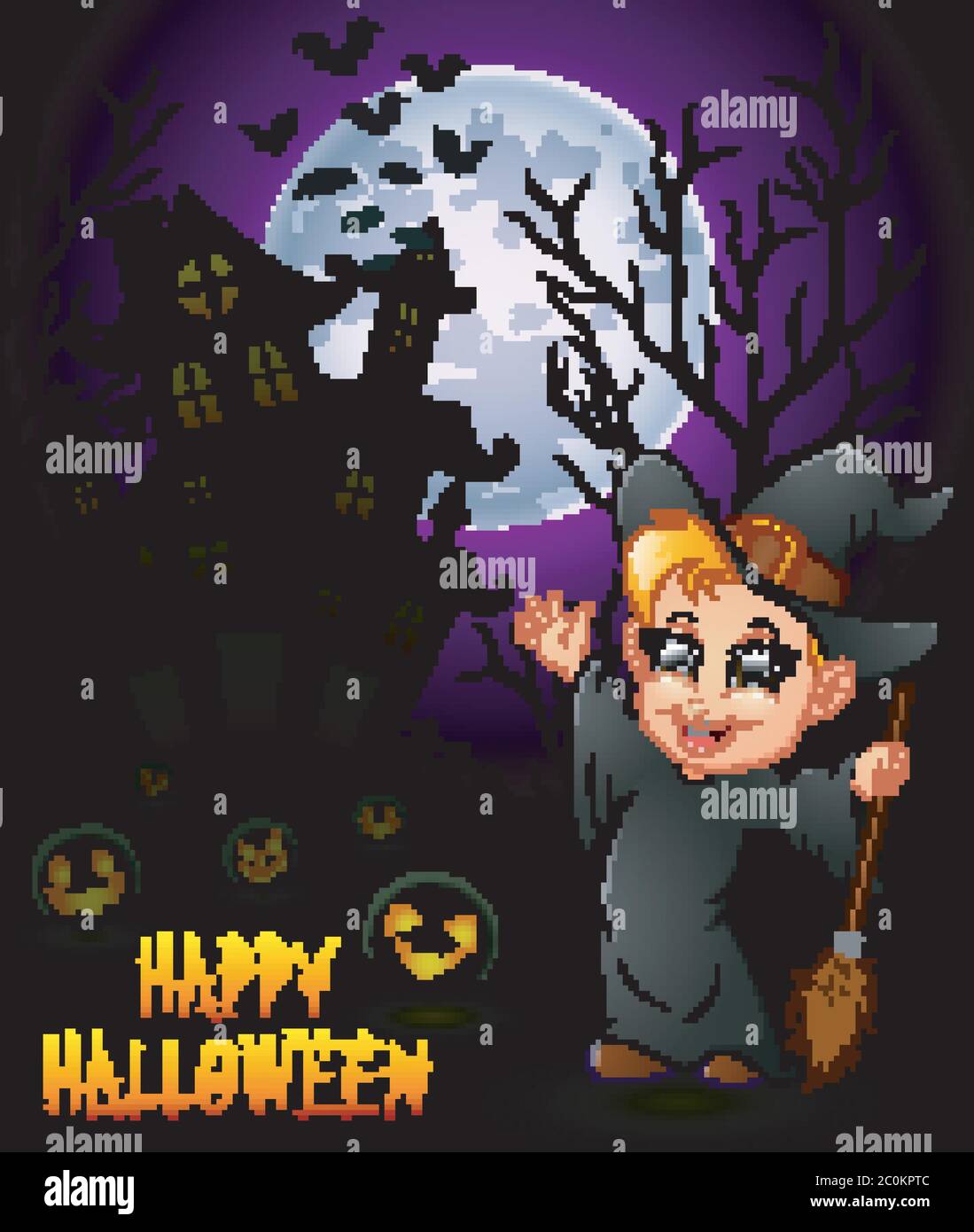 A little boy in a witch costume with pumpkin and haunted house Stock ...