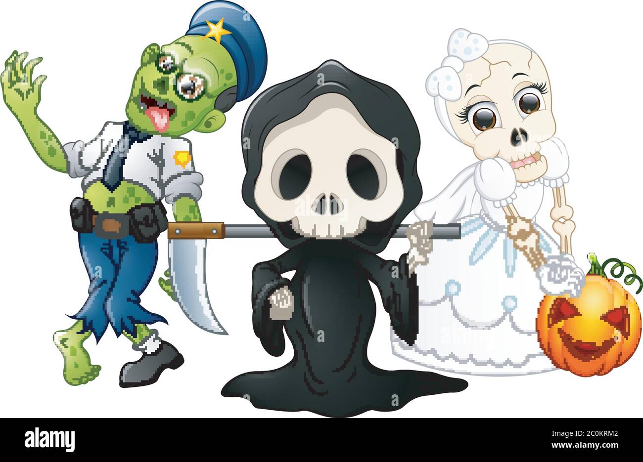 Halloween costumes kids with grim reaper, skull bride and zombie Stock ...