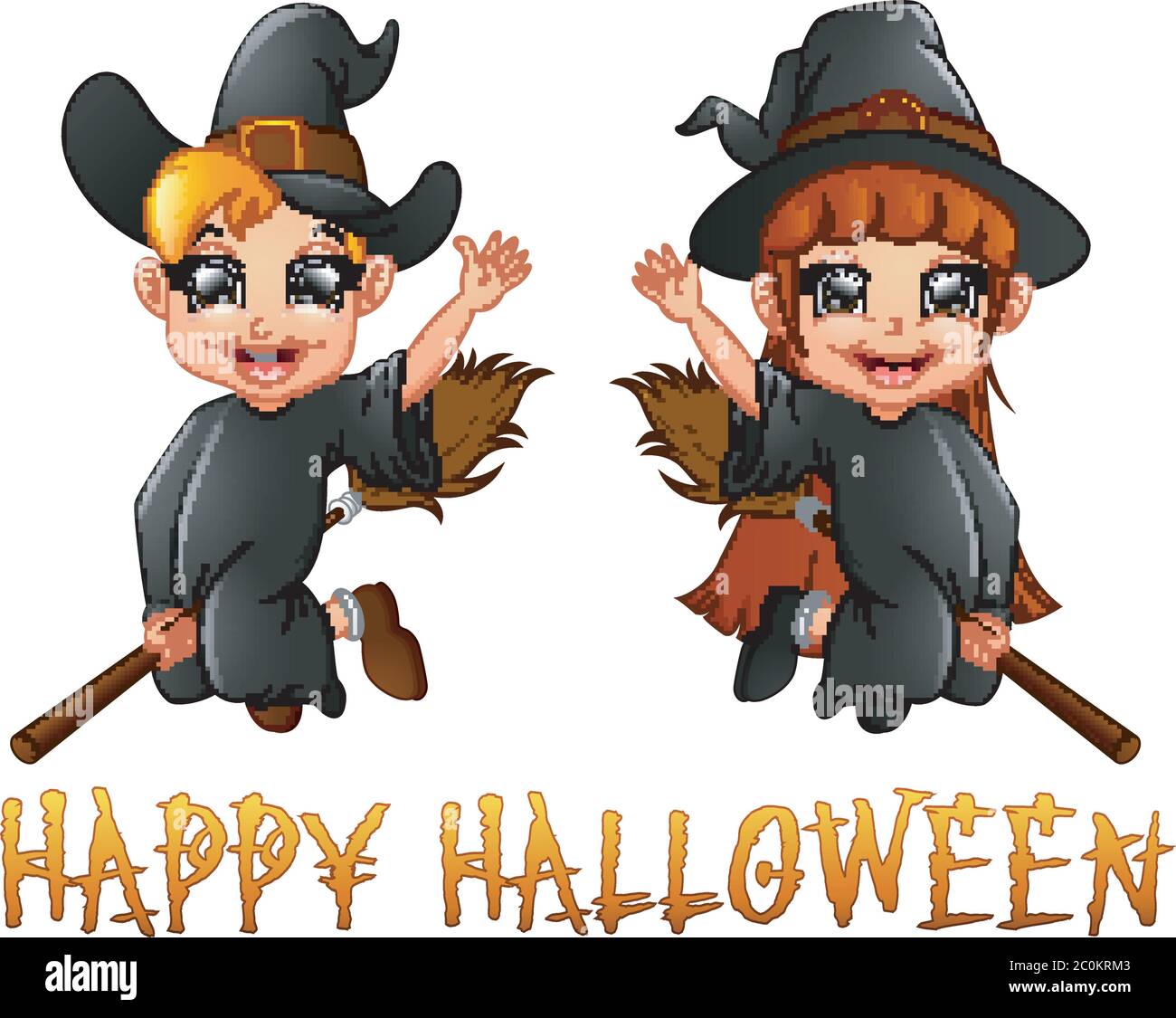 Cute little witch boy and girl flying on broomstick Stock Vector Image ...