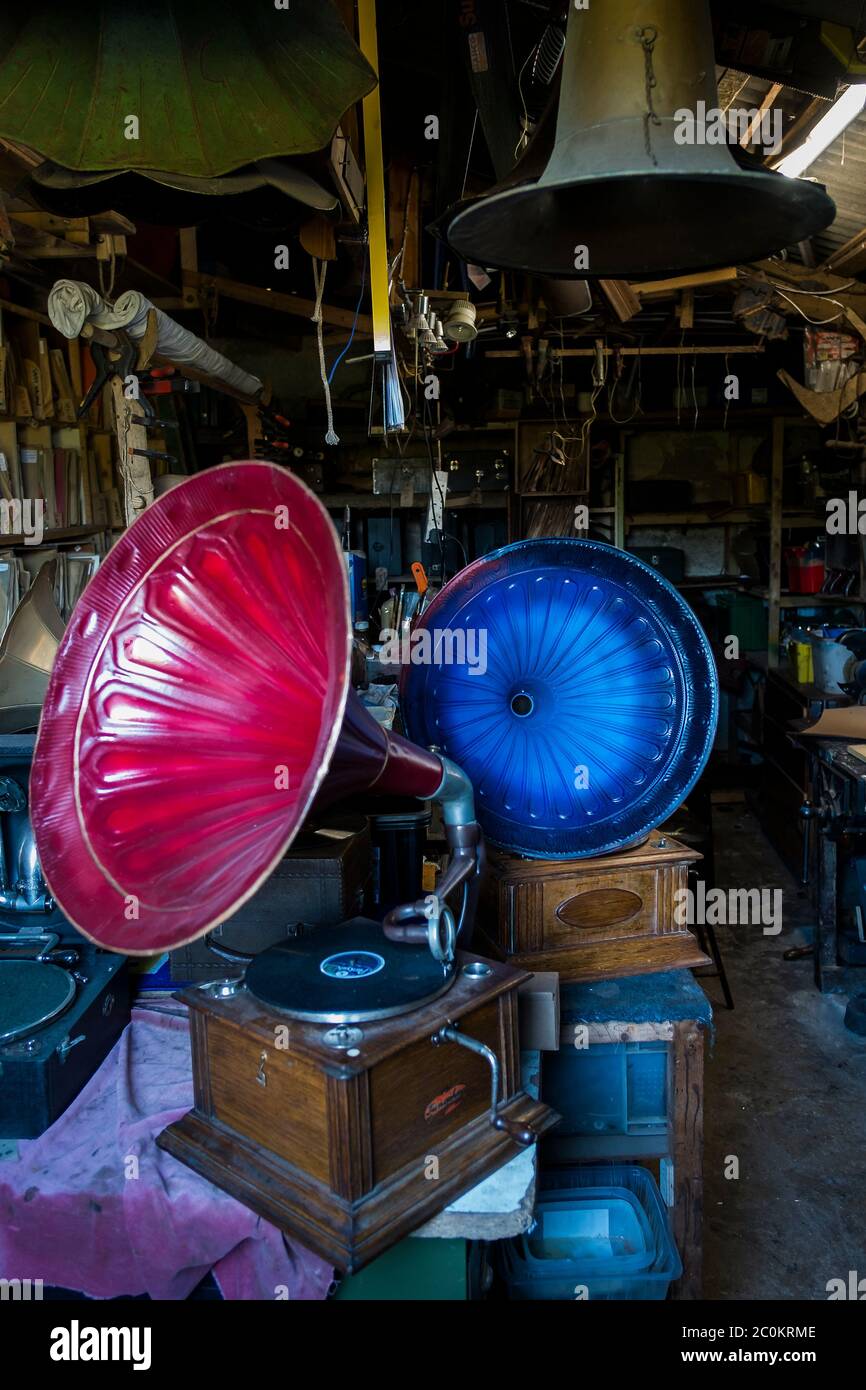 Vintage gramophones on display inside the workshop of a gramophone ...