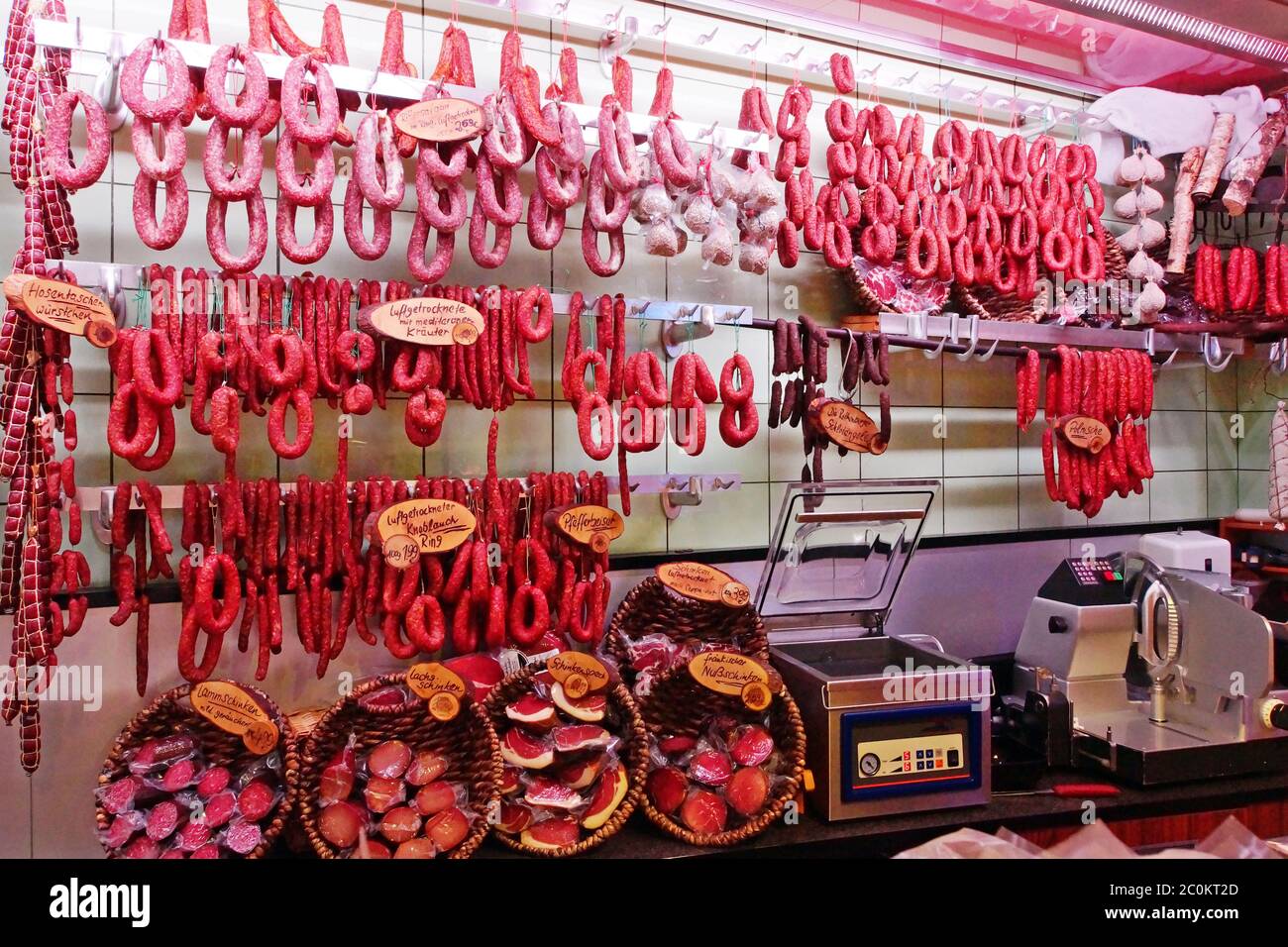 Sausage display in the butcher's shop Stock Photo - Alamy