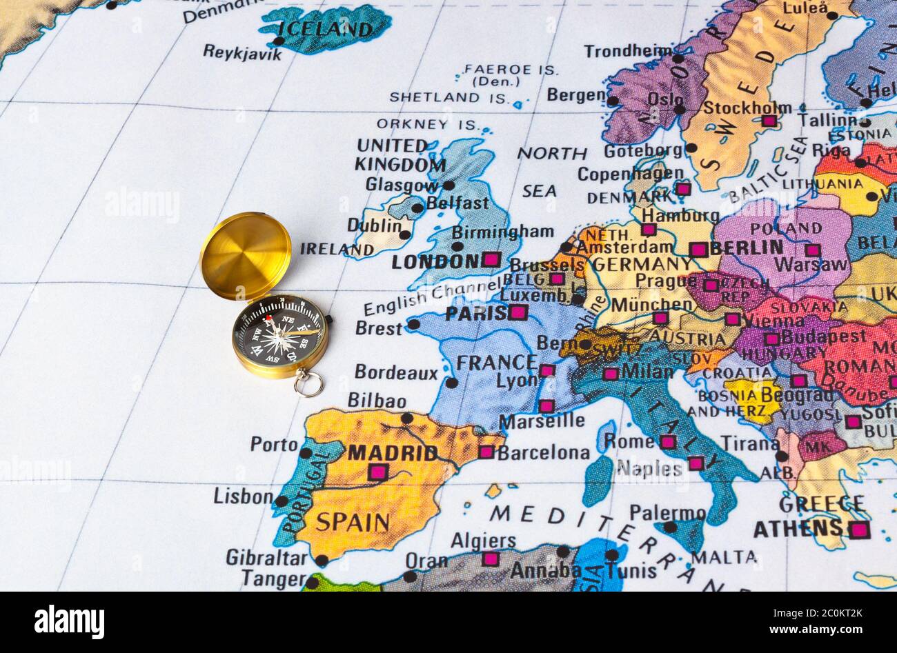 Europe map and compass Stock Photo - Alamy