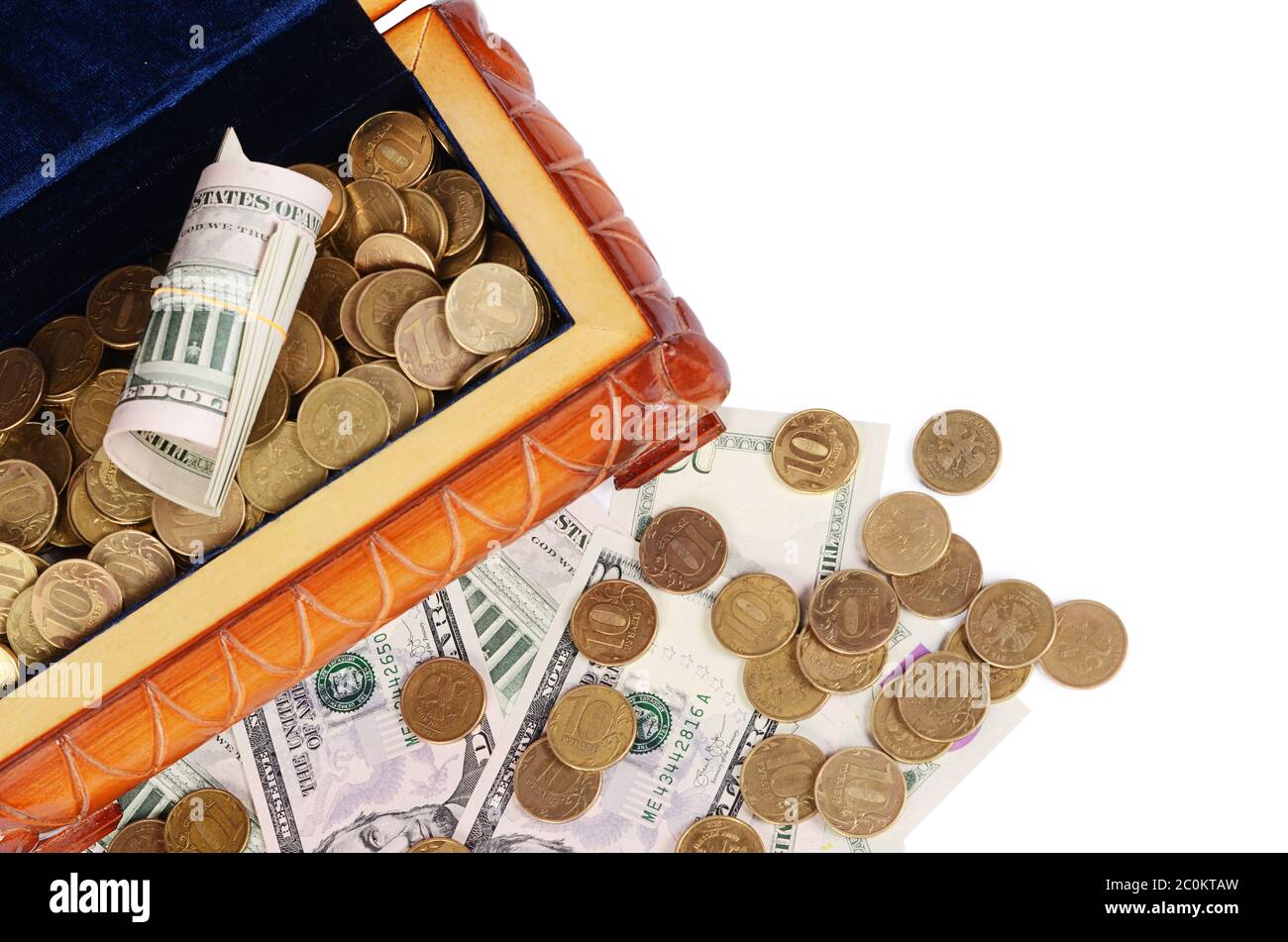 Coins and banknotes in the box Stock Photo - Alamy