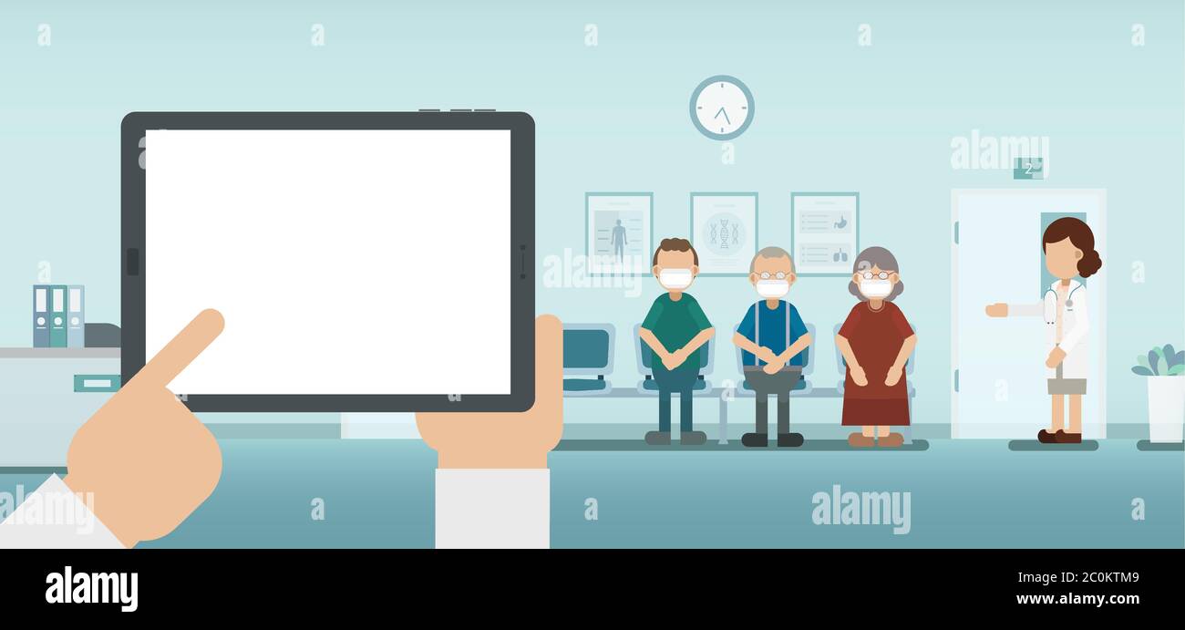 Medical service with blank screen tablet and doctor with patients in ...