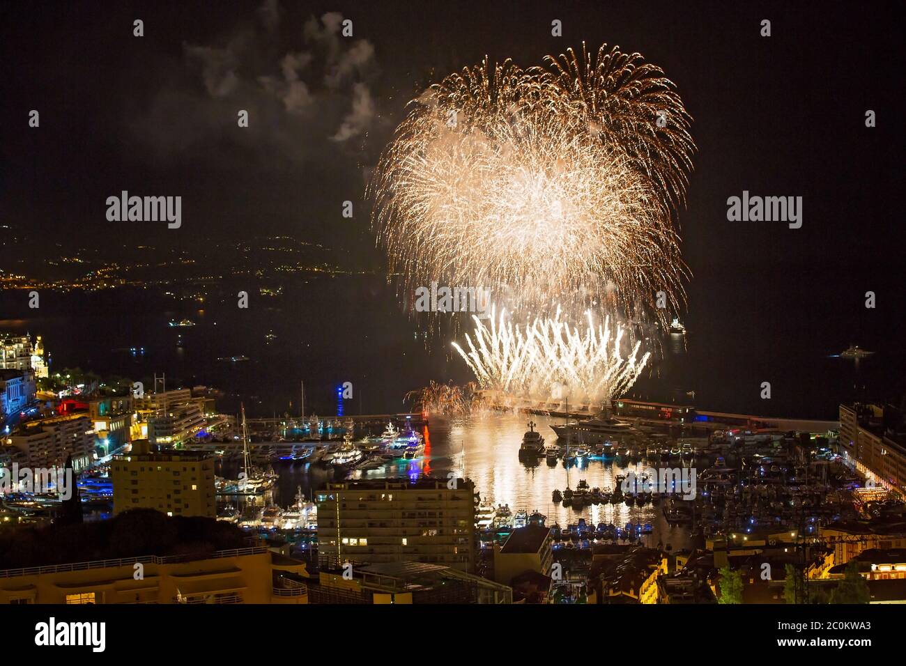 Panoramic lovely view of fireworks on the Principality of Monaco on a ...