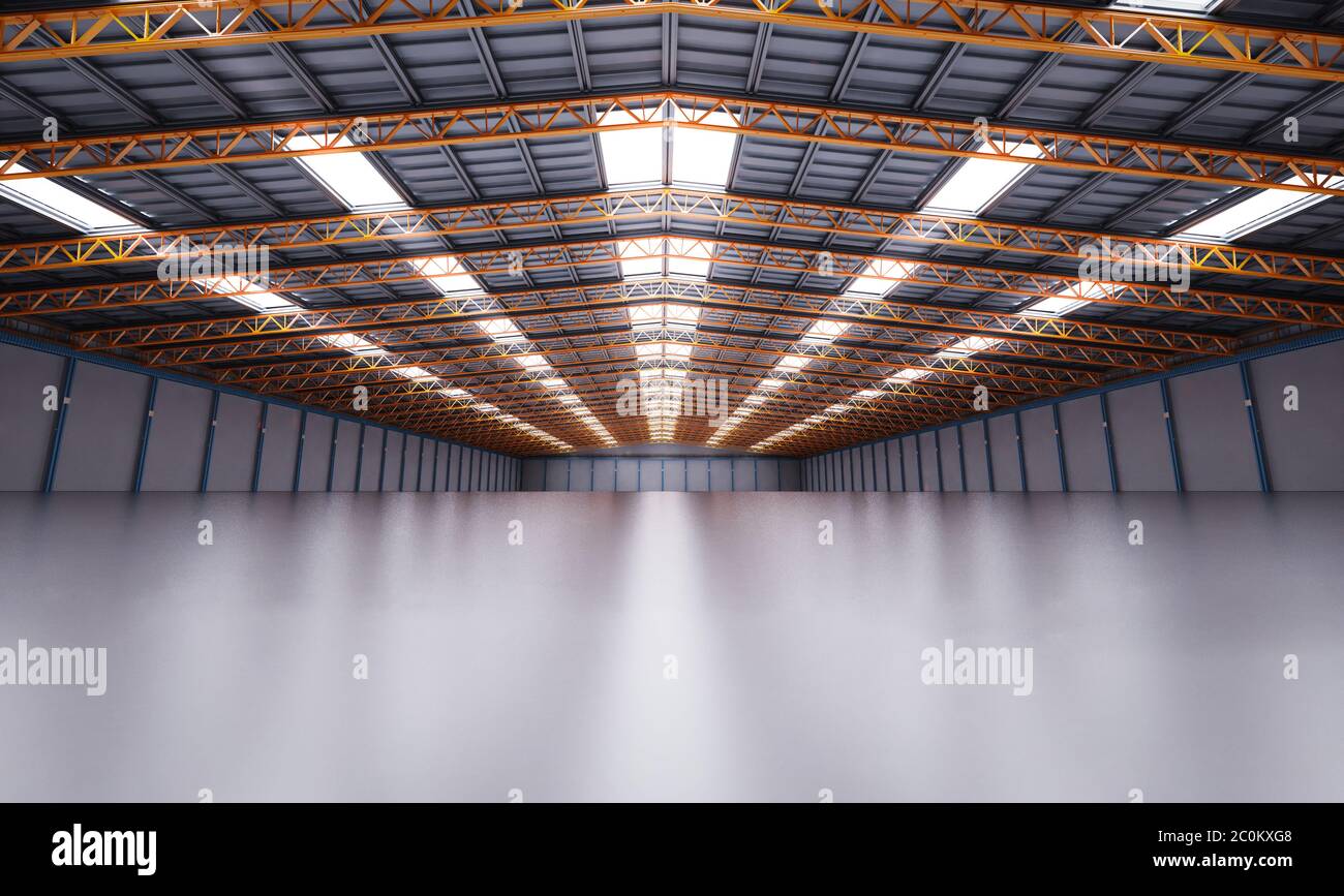 3d rendering interior empty factory with pendant lamps Stock Photo - Alamy