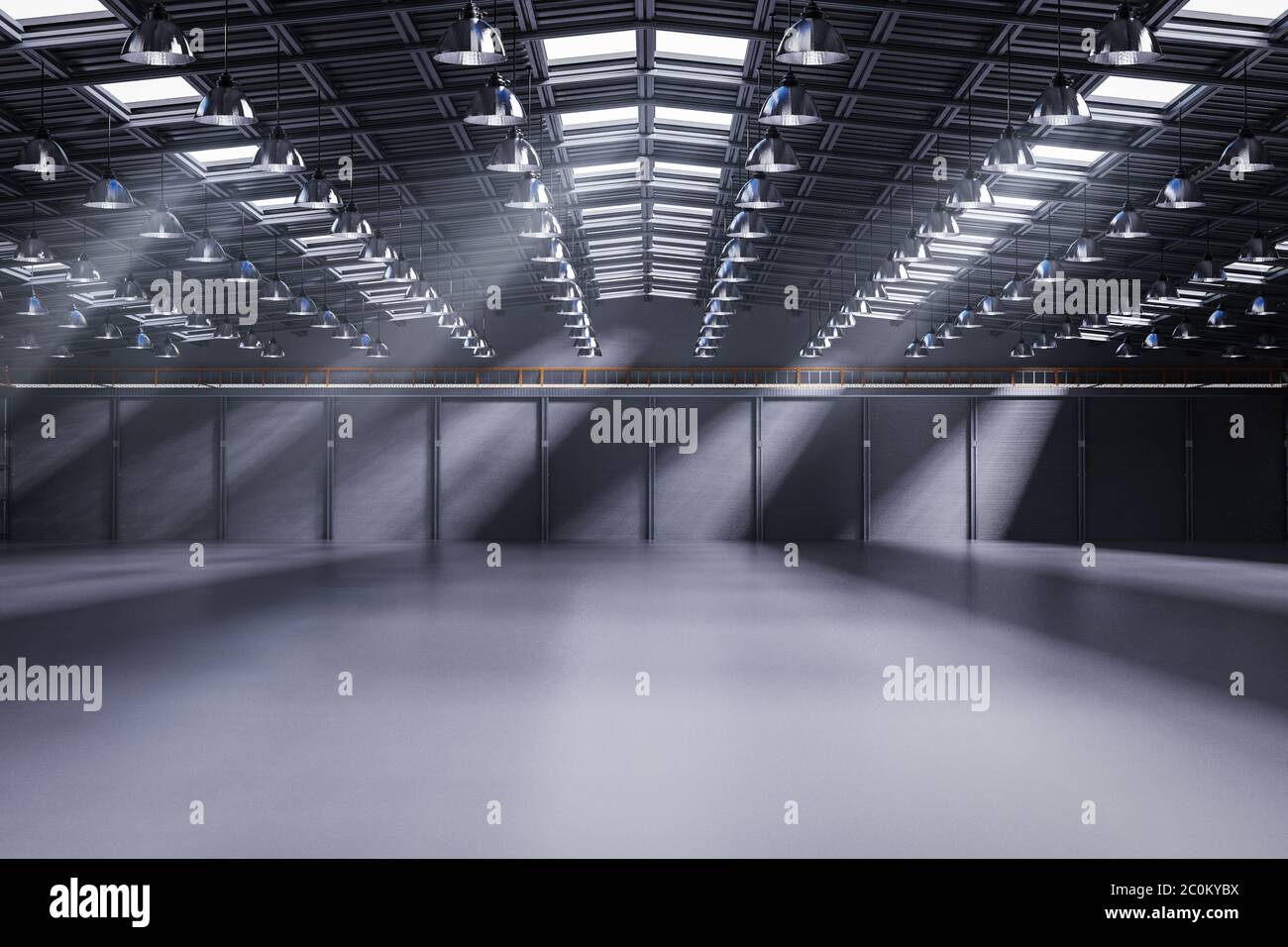 3d rendering interior empty factory with pendant lamps Stock Photo - Alamy