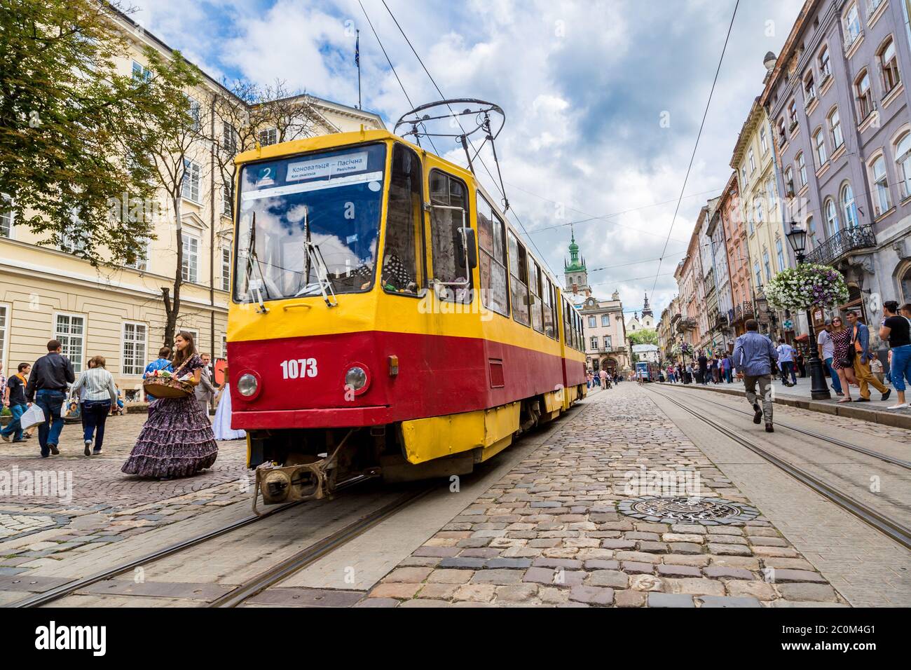 Old tram is in the historic center of Lviv Stock Photo - Alamy
