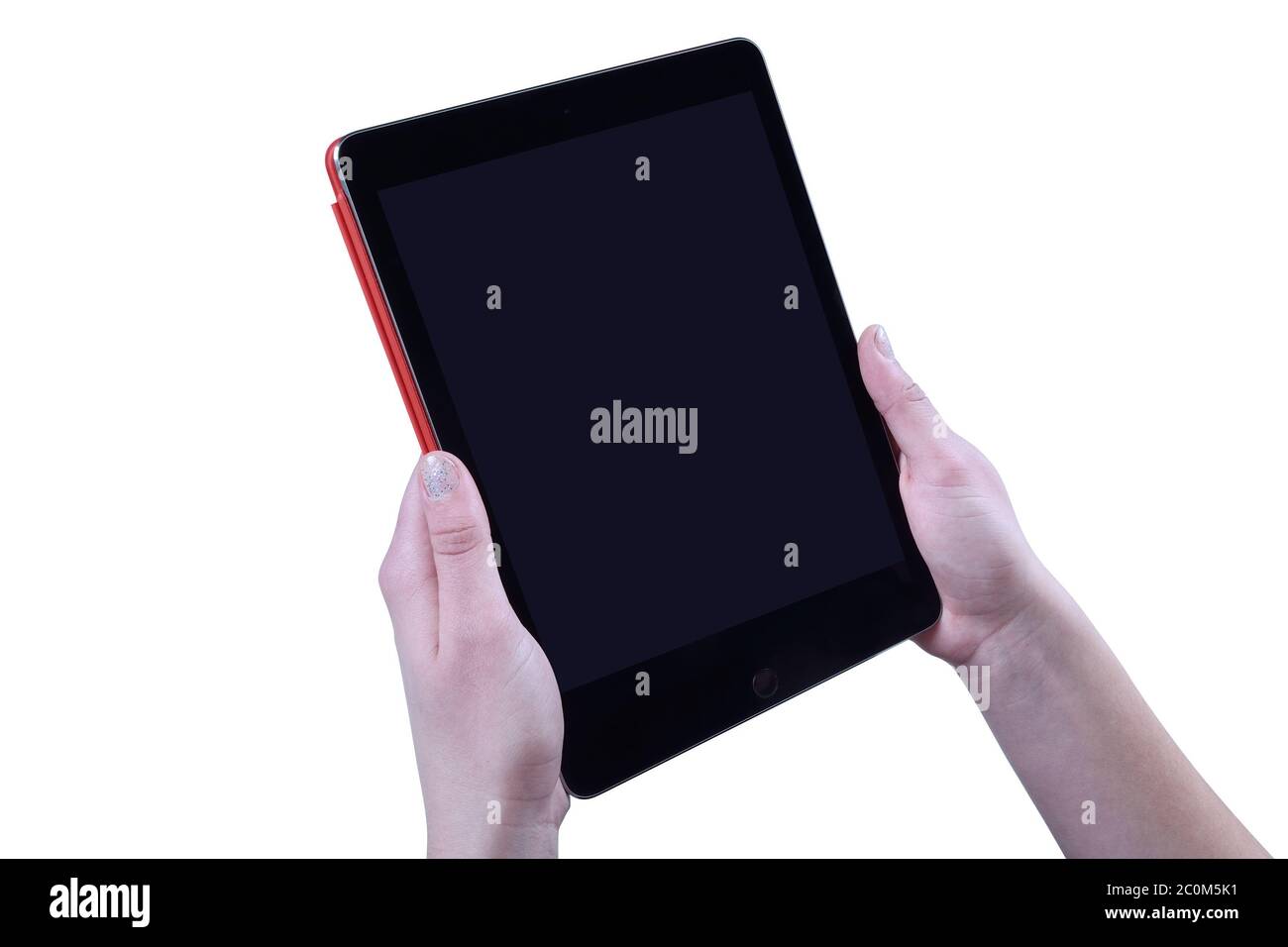 Tablet in women hands on white background Stock Photo - Alamy