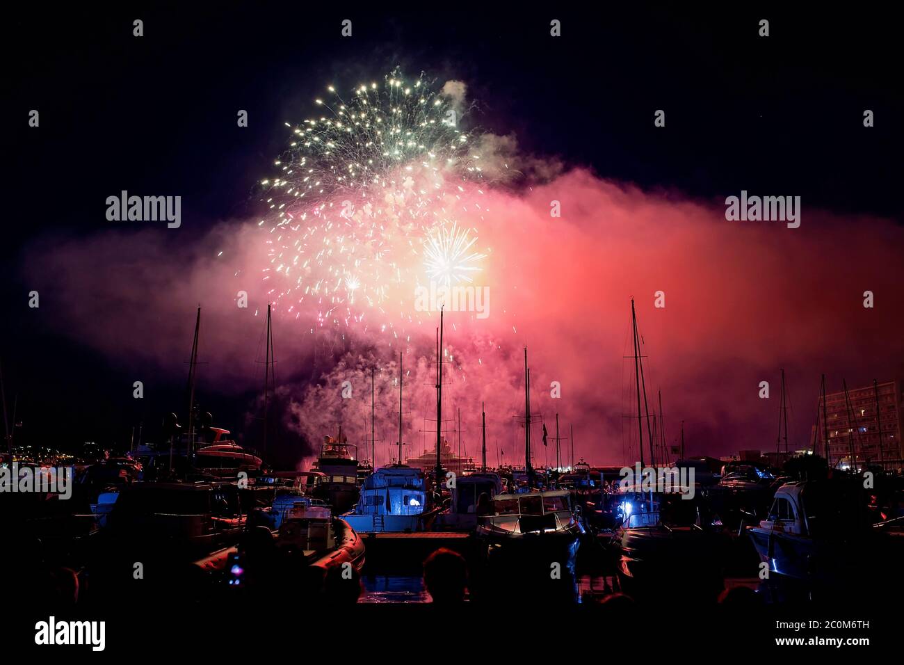 Panoramic lovely view of fireworks on the Principality of Monaco on a ...