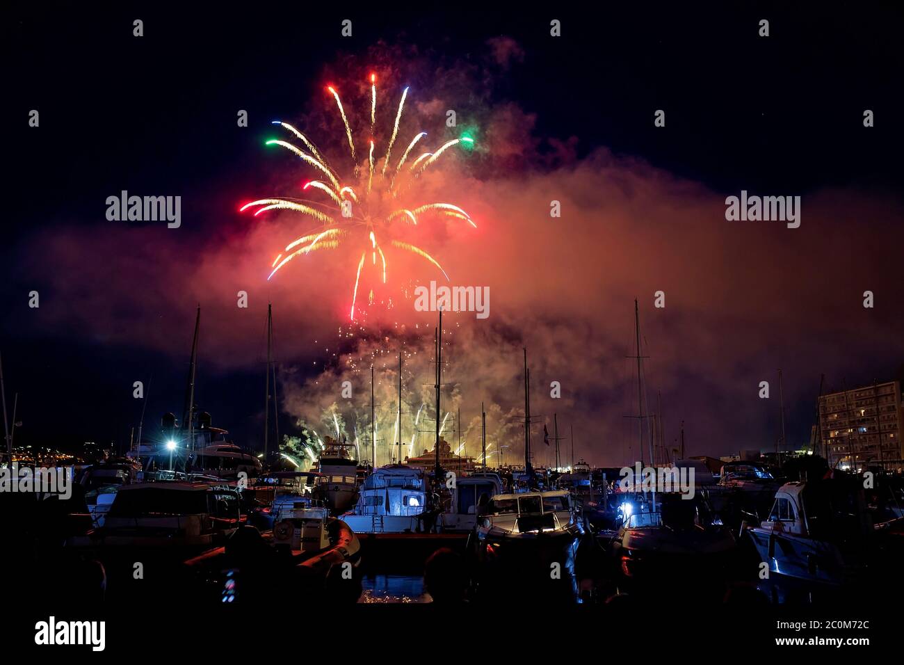 Panoramic lovely view of fireworks on the Principality of Monaco on a ...