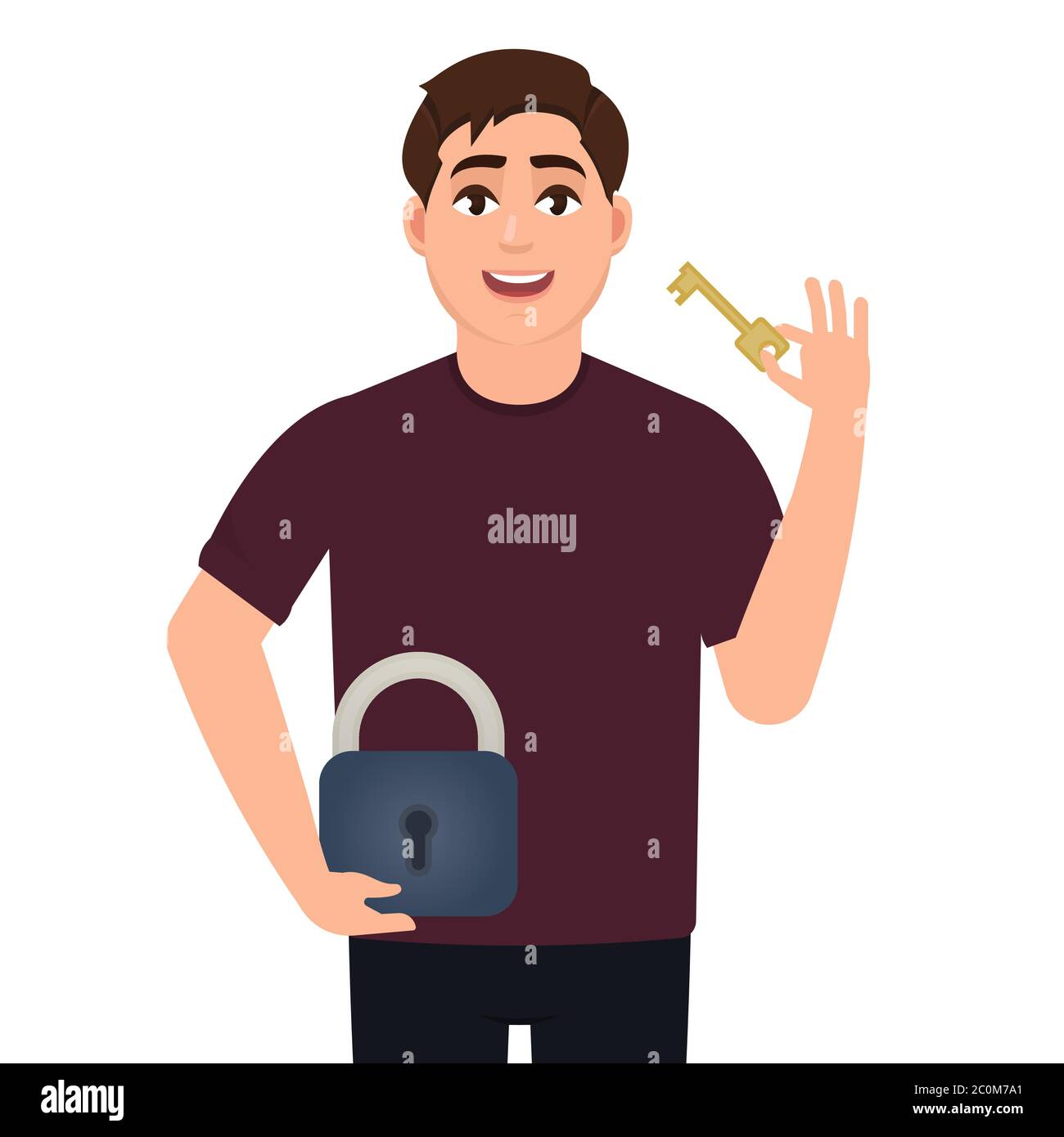 Guy holds a lock and key. Open lock vector illustration Stock Vector ...