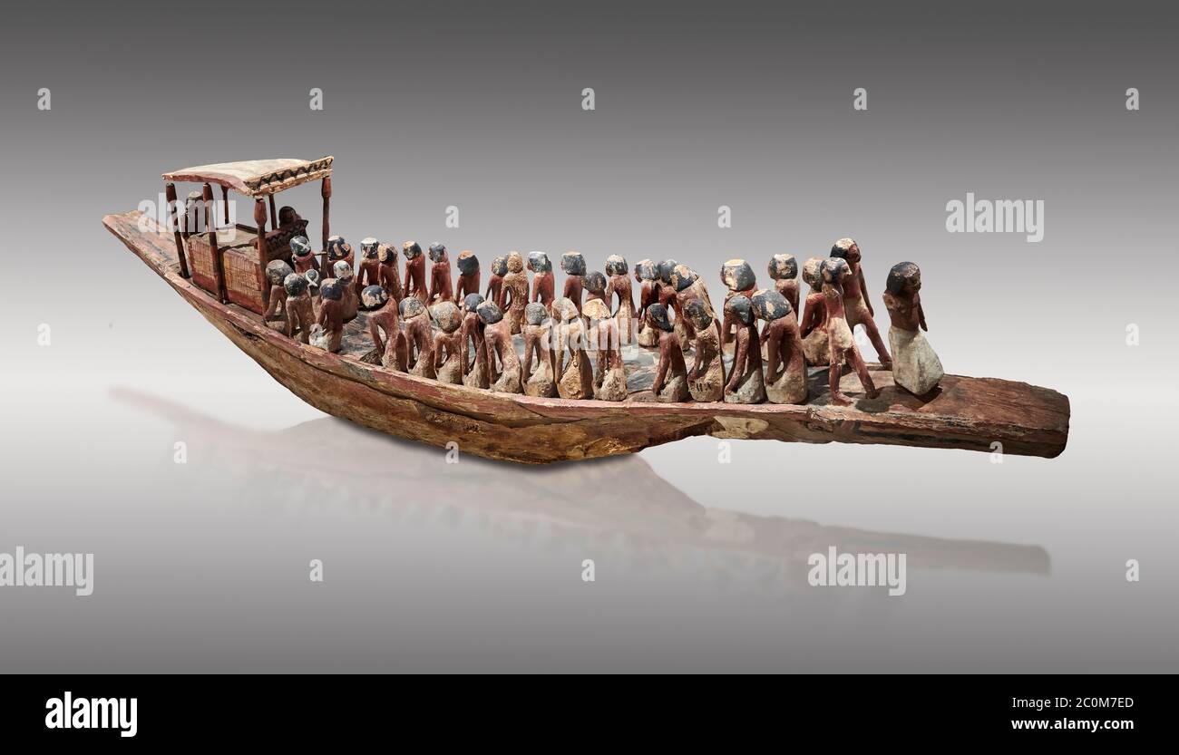 Ancient Egyptian model of a funerary boat with oarsman and a sarcopagus ...