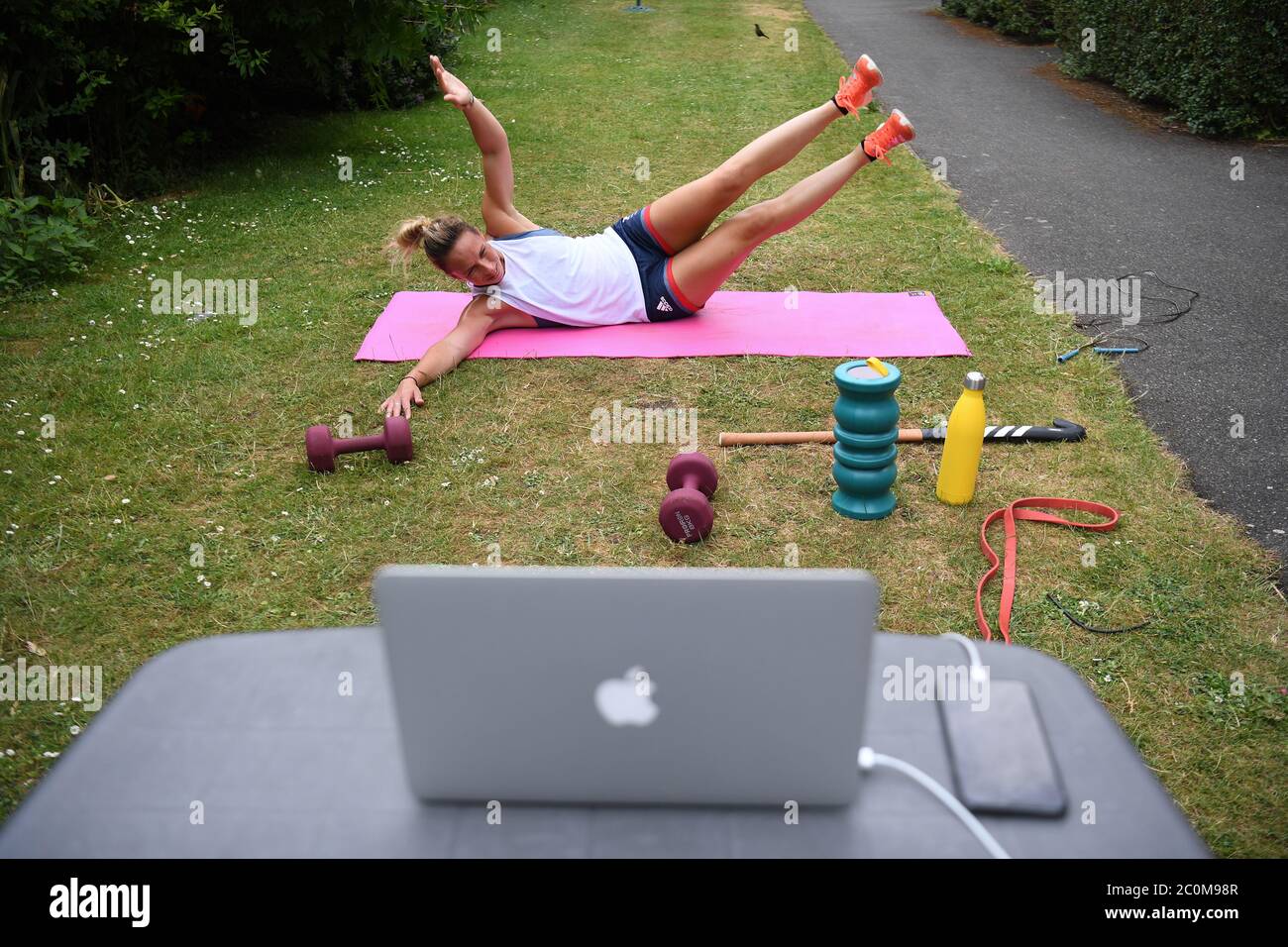 Olympic gold medalist Susannah Townsend trains in her back garden on a ...