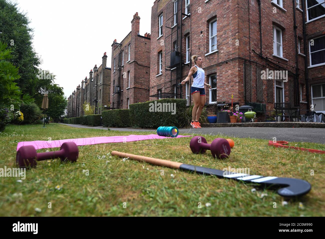 Olympic gold medalist Susannah Townsend trains in her back garden on a ...
