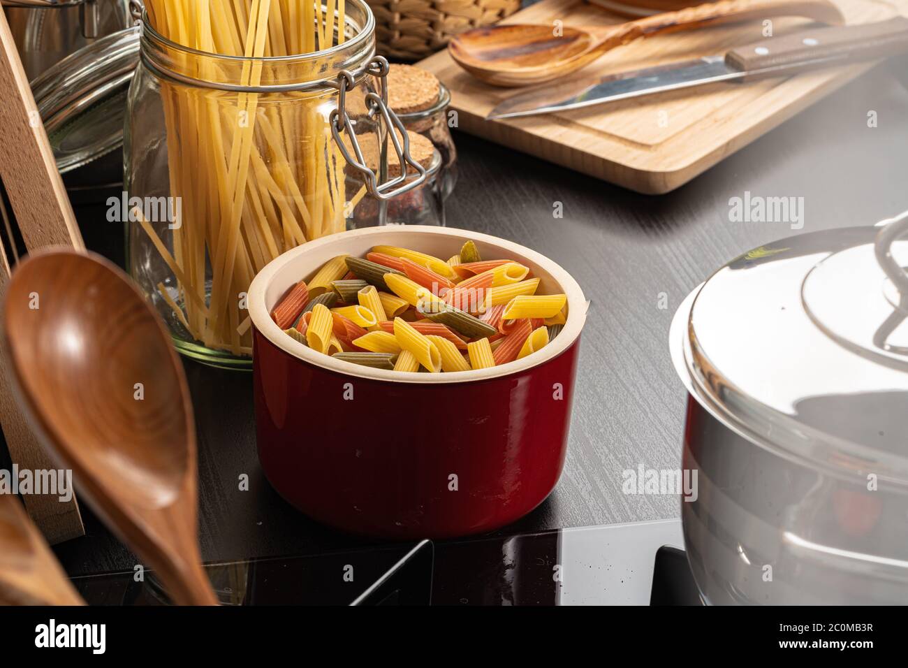 Cooking pasta at home in a pot close up Stock Photo - Alamy