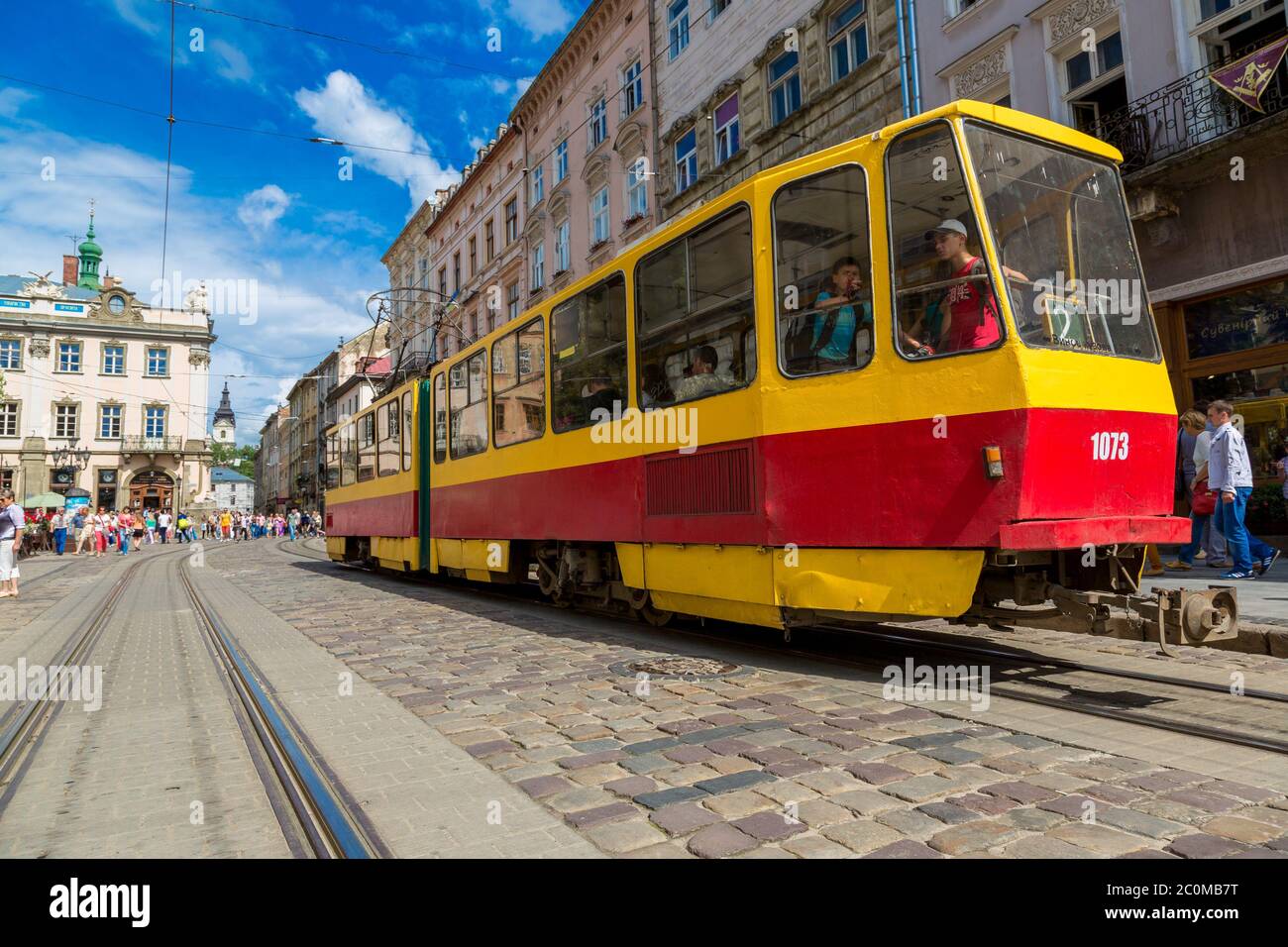 Old tram is in the historic center of Lviv Stock Photo - Alamy